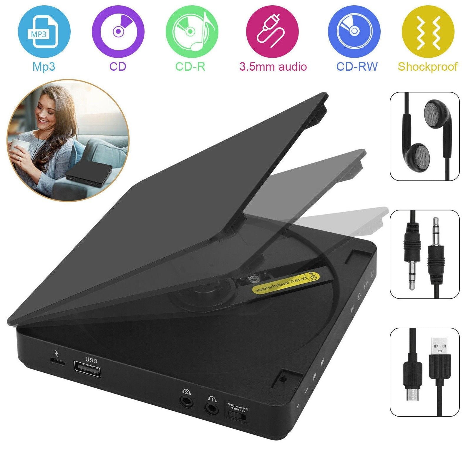 USB Portable Personal MP3 CD Player Music Walkman AUX Audio Cable for ...