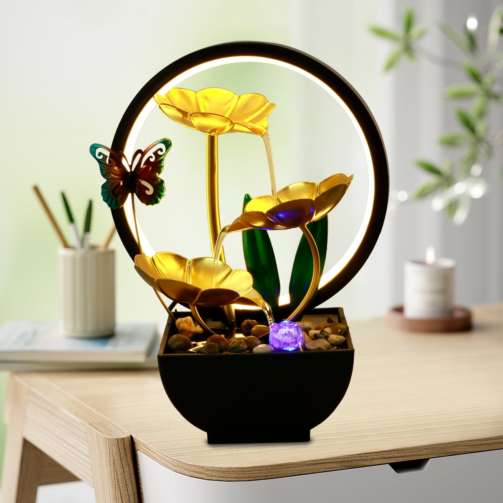 USB Powered Tabletop Fountain with Natural Rocks and LED Ring Lights ...