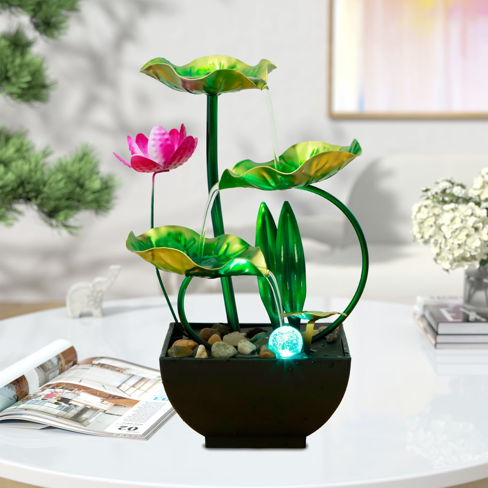 USB Powered Tabletop Fountain with Natural Rocks and LED Ring Lights ...