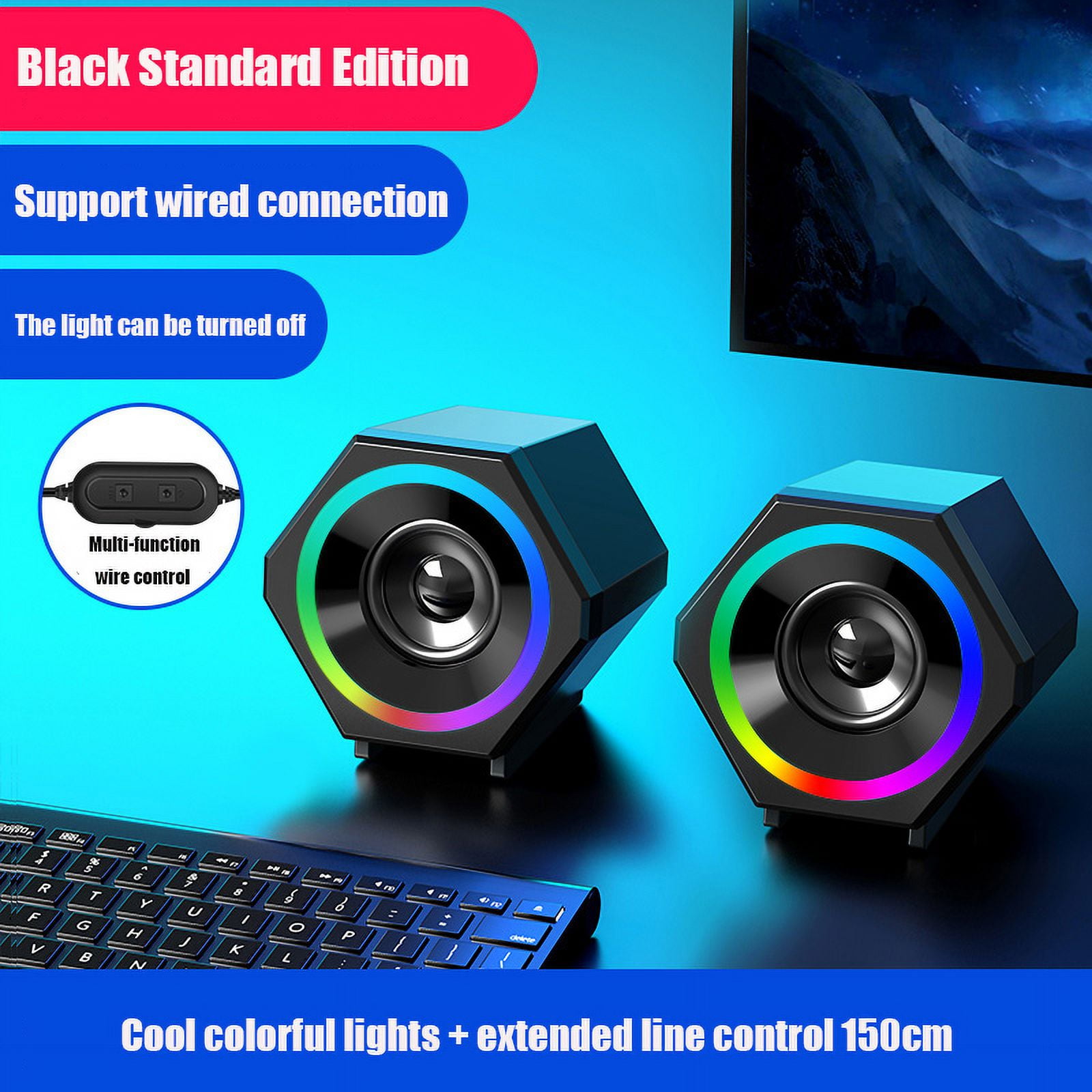 USB RGB Speaker 3.5mm AUX Input Wireless Combo Subwoofer Bass Computer ...