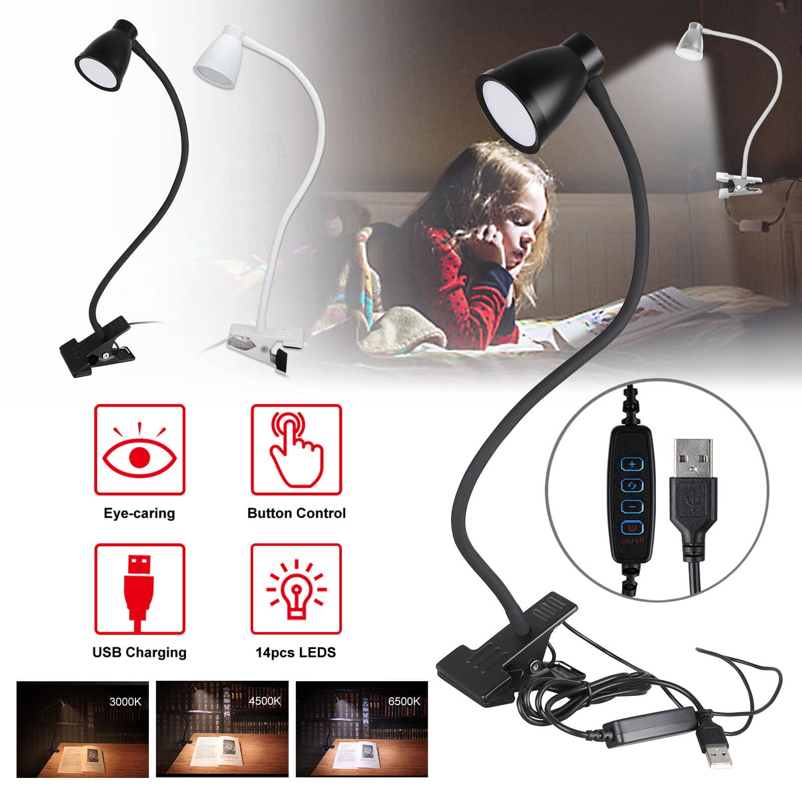 USB Reading Light Flexible LED Lamp Laptop Computer Clip On Bed Desk ...