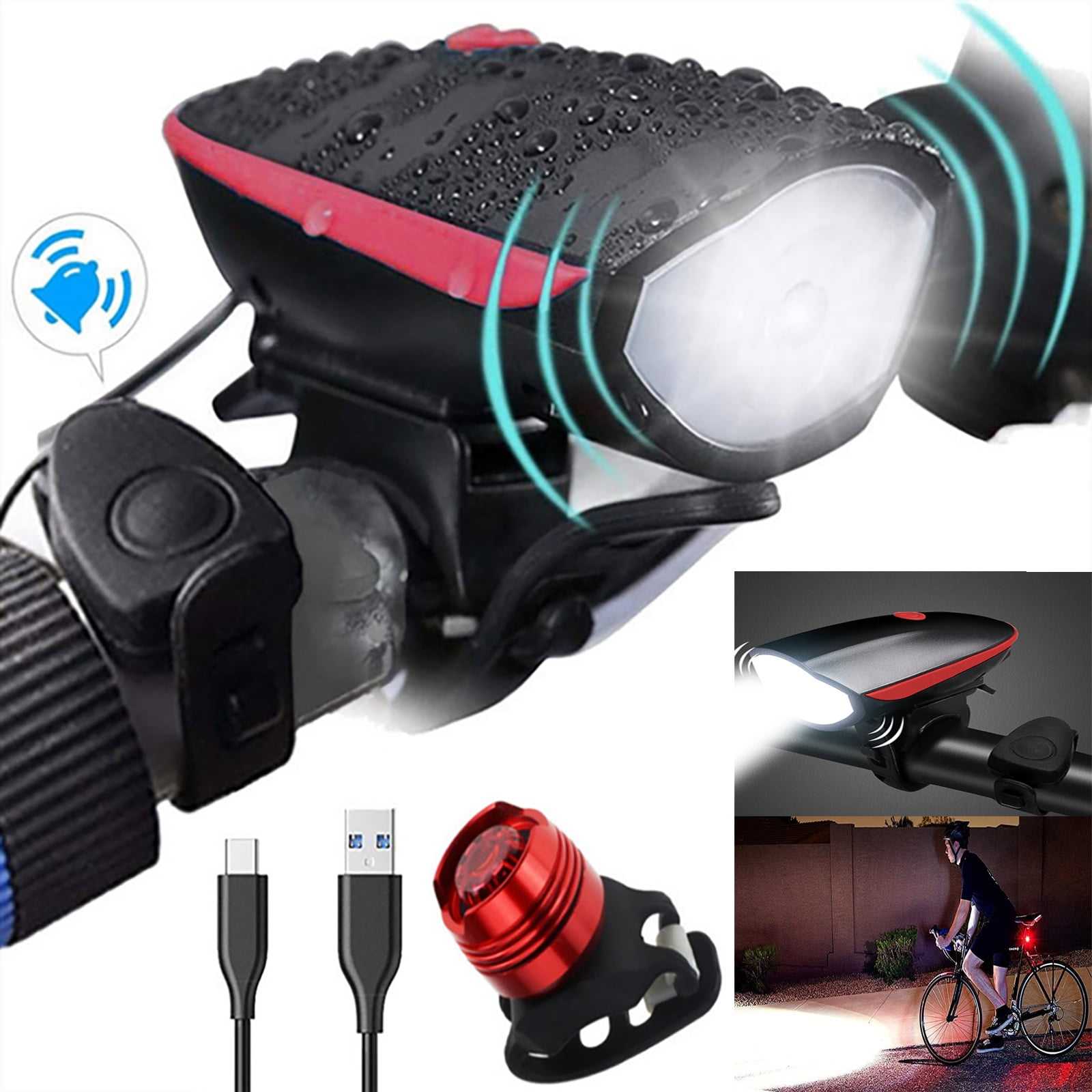 HQinX USB Rechargeable Bike Light Set with Horn, Super Bright, Waterproof, Easy Install ...
