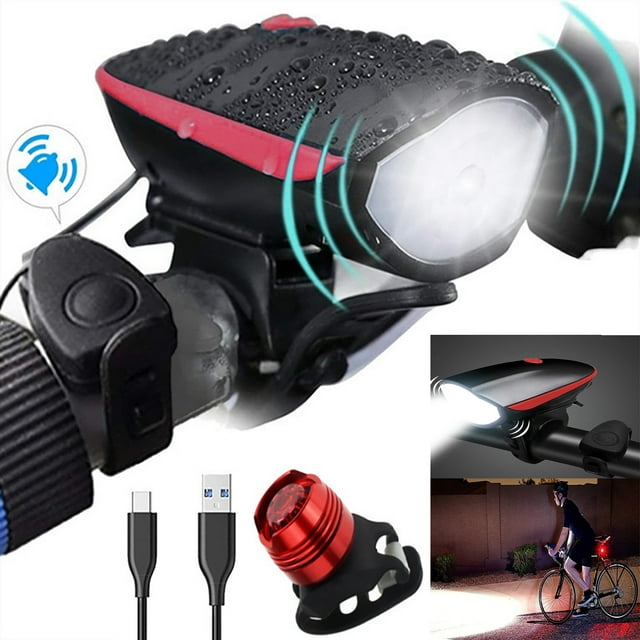 USB Rechargeable Bicycle Light Front Rear Lights Set with Horn, Super ...