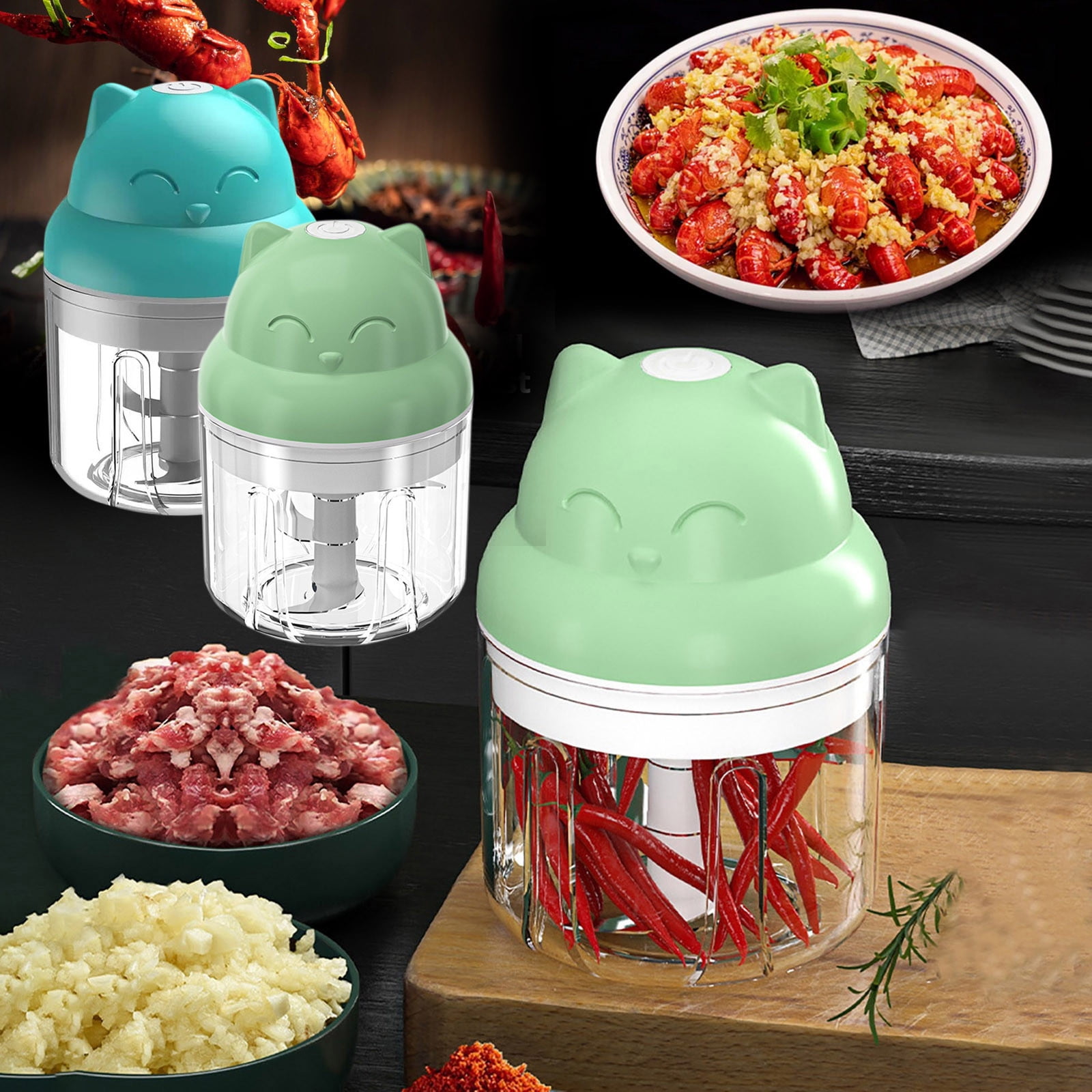 USB Rechargeable Electric Garlic Chopper Mini Food Processor with 3 Stainless Steel Blades ...