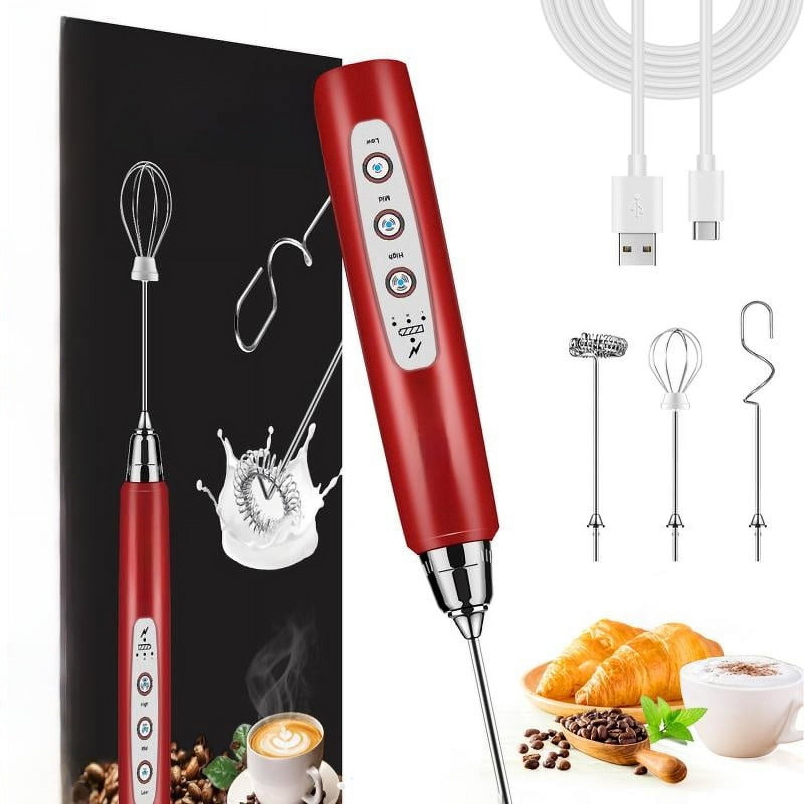USB Rechargeable Handheld Milk Frother – 3 Speed Mini Mixer with 3 ...