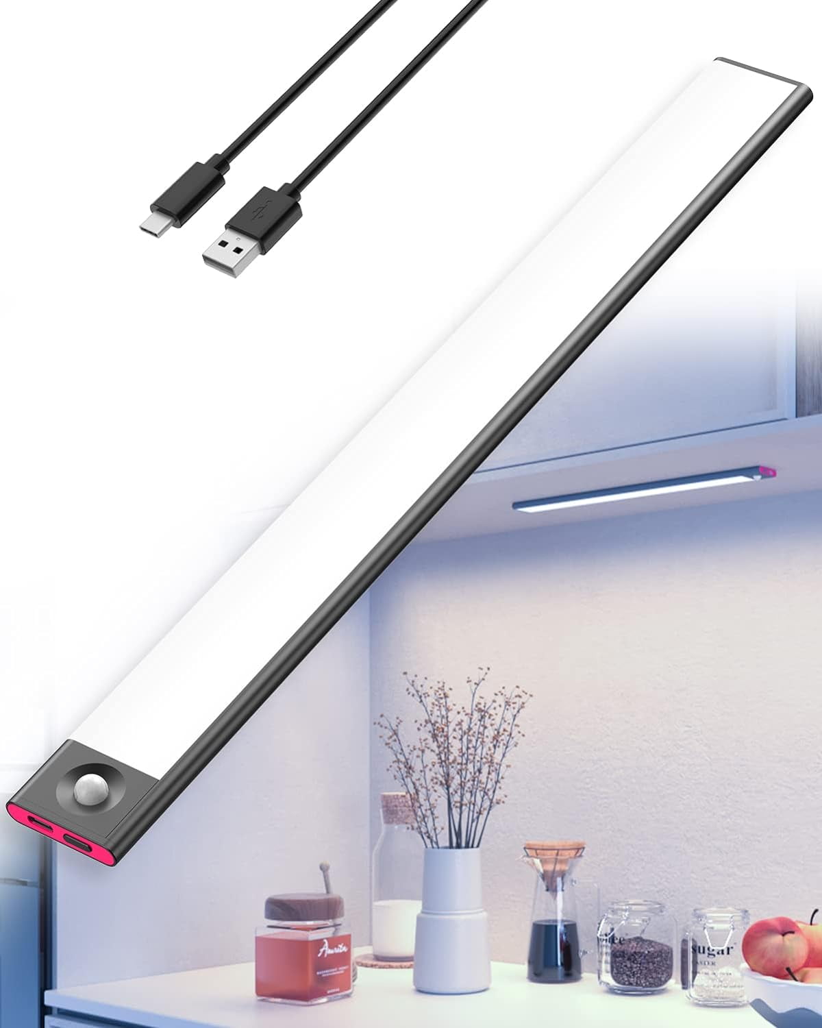 USB Rechargeable Kitchen LED Light Strip, 3600mAh 40cm Dimmable Motion ...