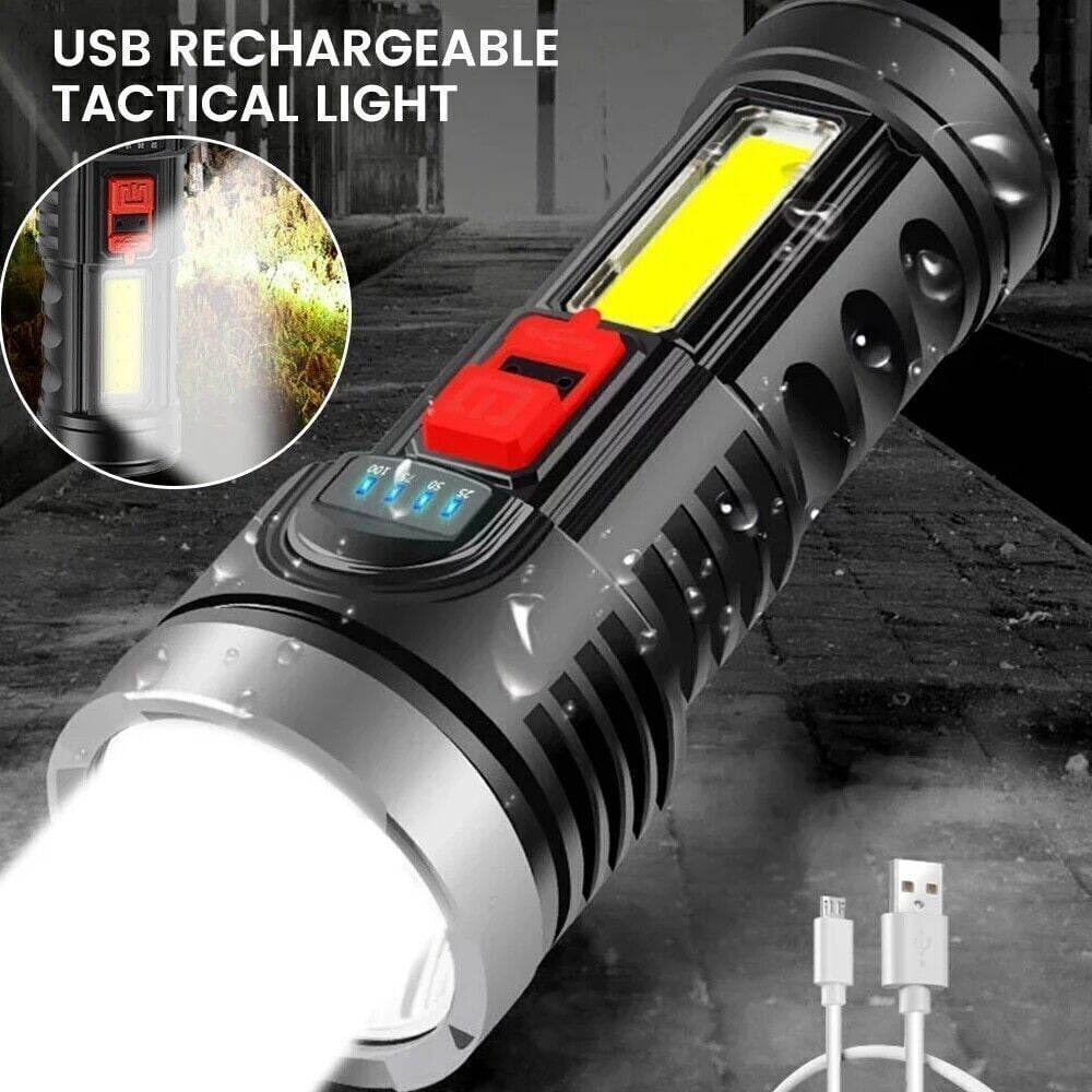 USB Rechargeable LED Flashlight, 4-Mode Tactical Flashlight with COB ...