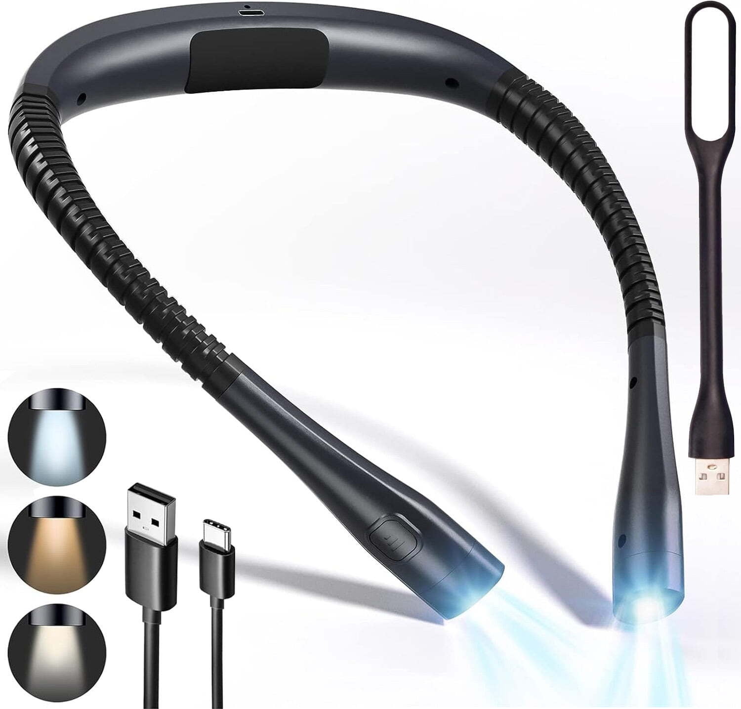 USB Rechargeable Neck Book Light, 3 Color Temperatures & 3 Brightness ...