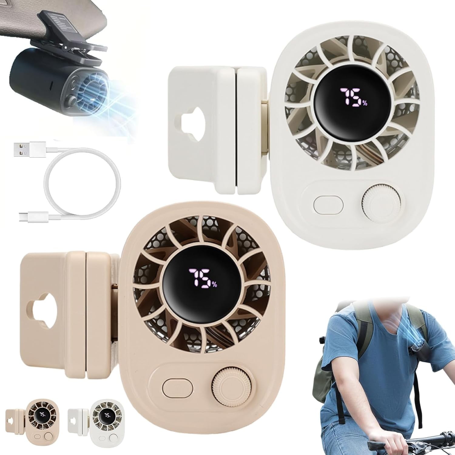 USB Rechargeable Powerful Cooling Fan, Car Clip On Fan with LED Display ...