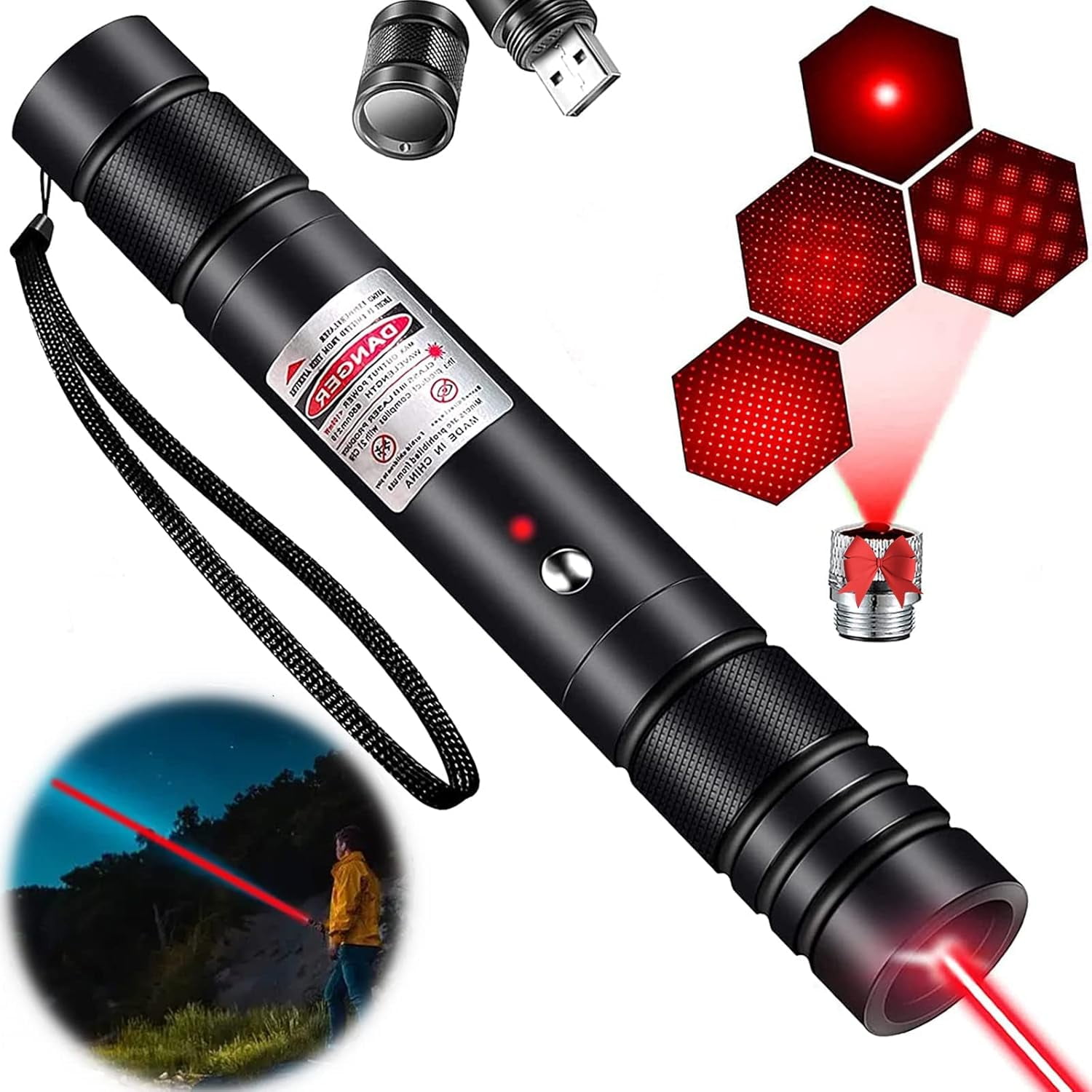 USB Rechargeable Red/Green Pointer Beam Flashlight Long Distance Range ...