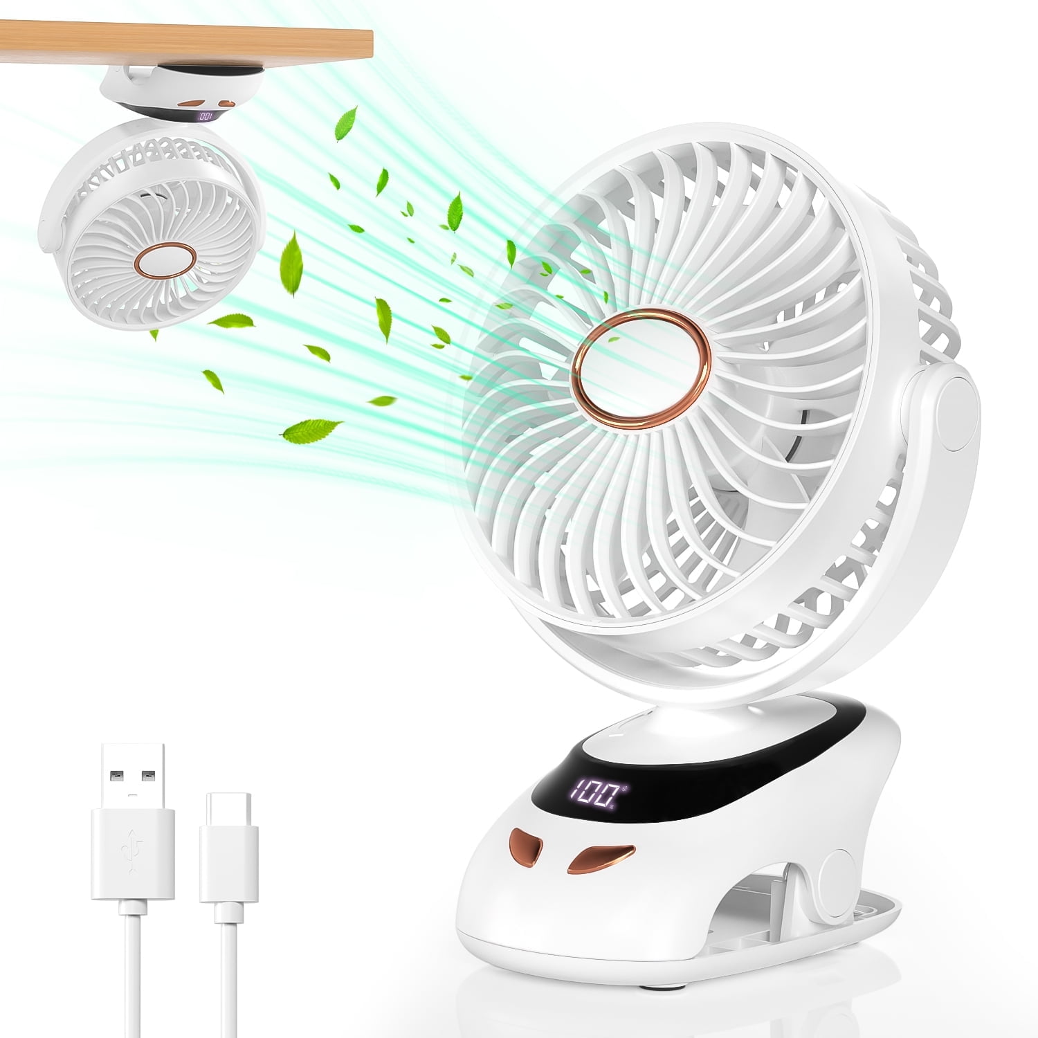 5 Speeds Mini USB Clip-on Fan with LED Display, Rechargeable for Home ...