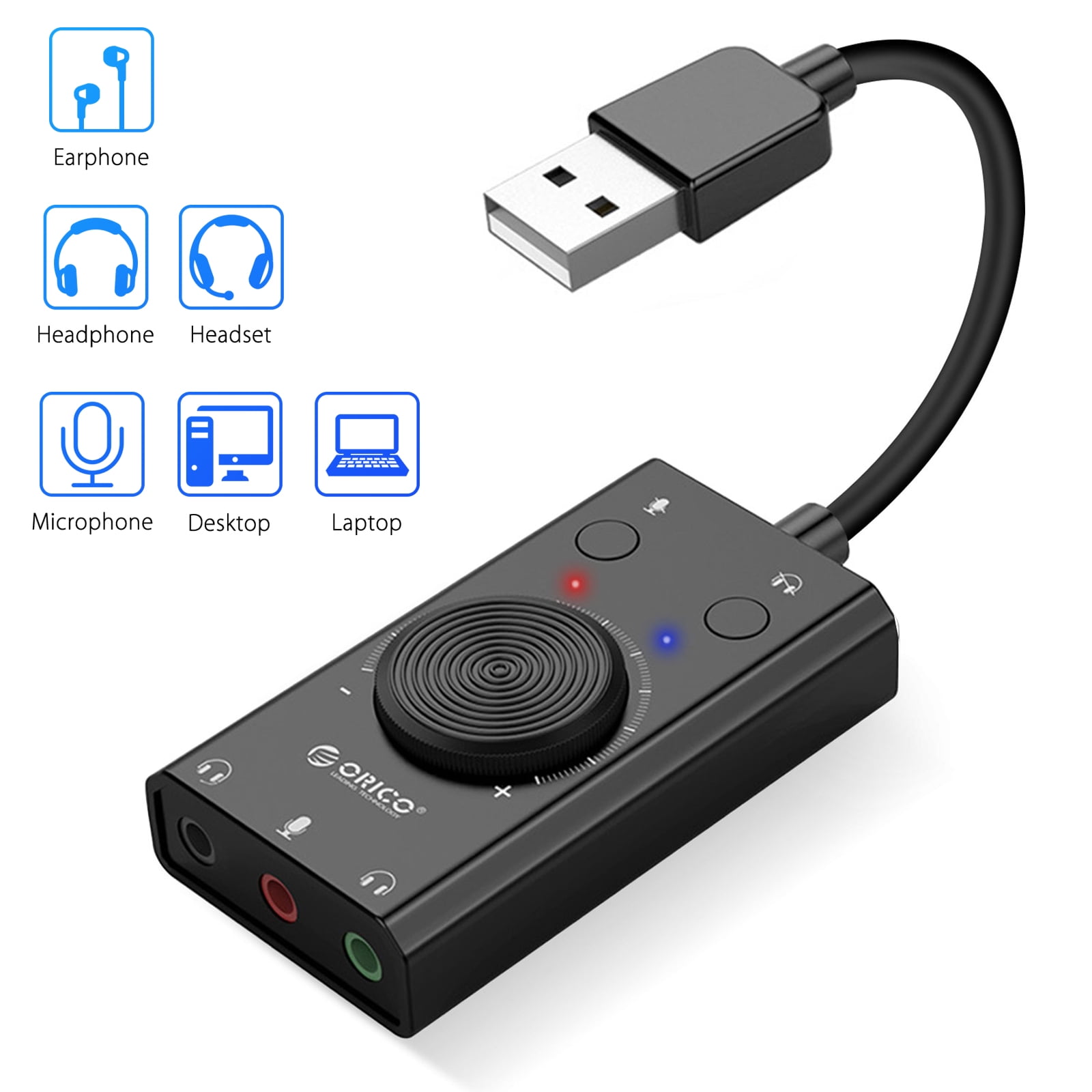 TSV USB Sound Card 7.1 Virtual, External Volume Control, 3.5mm Audio ...