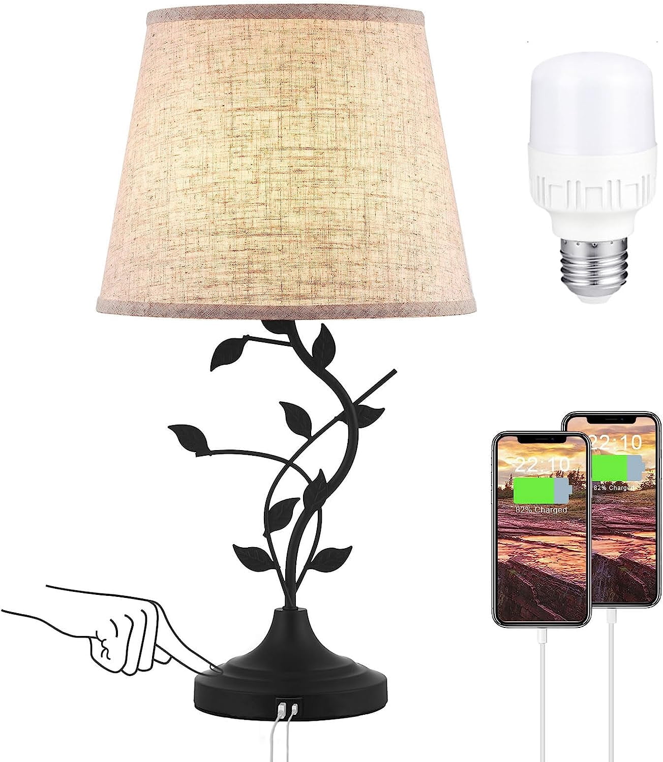 USB Touch Table Lamp Bedside Lamp with USB C Charging Ports for Living ...