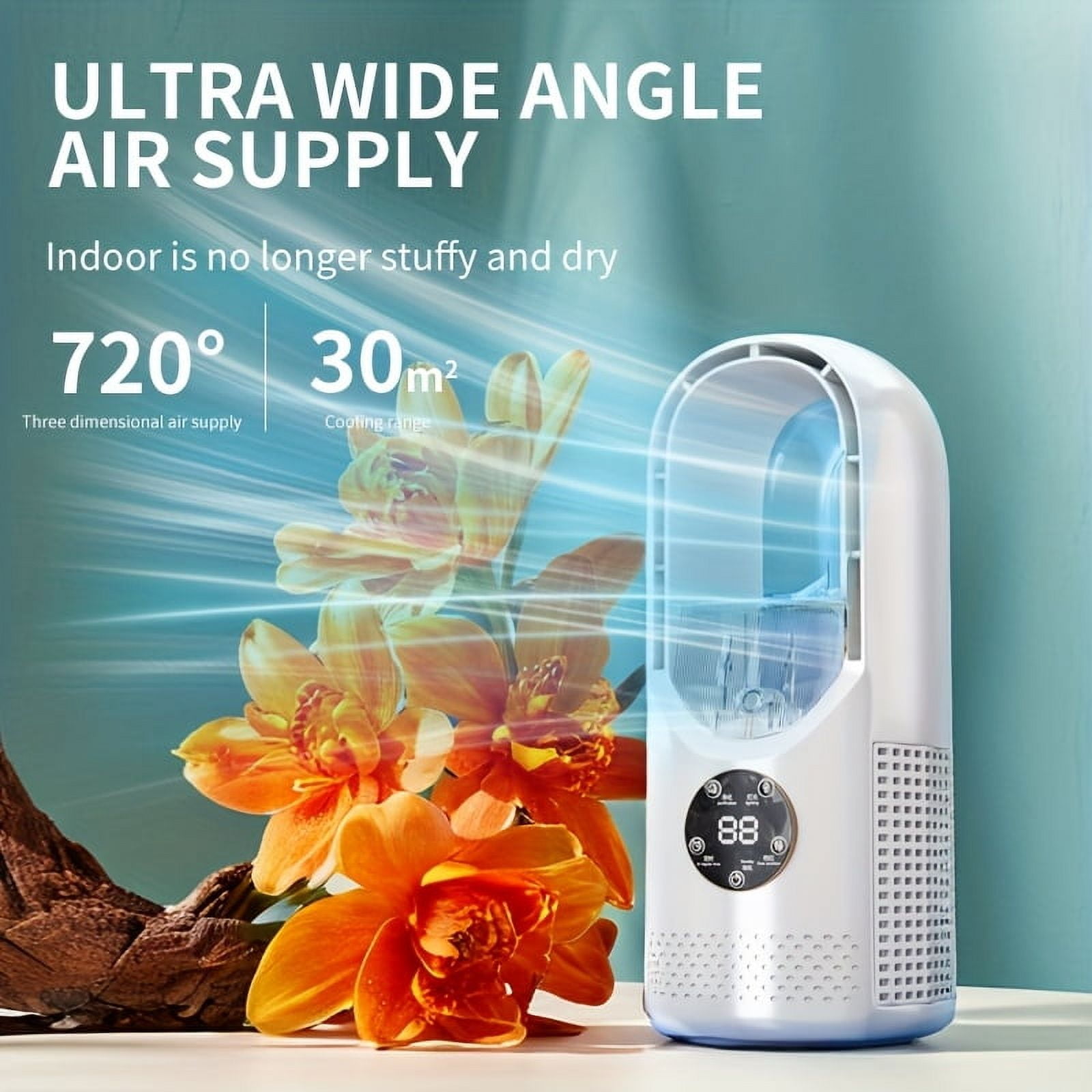 USB Tower Air Conditioning Fan - Bladeless Cooling with Water Mist & 7-Color LED Light ...