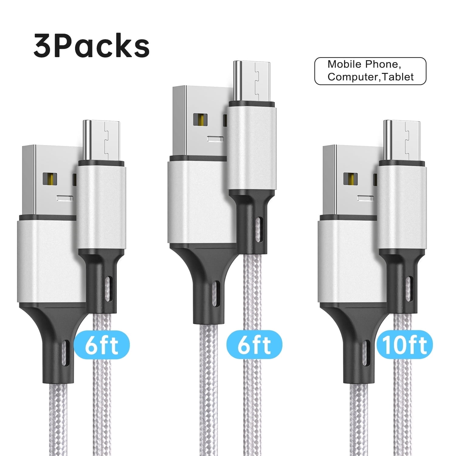 Cshidworld USB Type C Cable, 3-Pack 6ft 6ft 10ft, Fast Charging Nylon ...