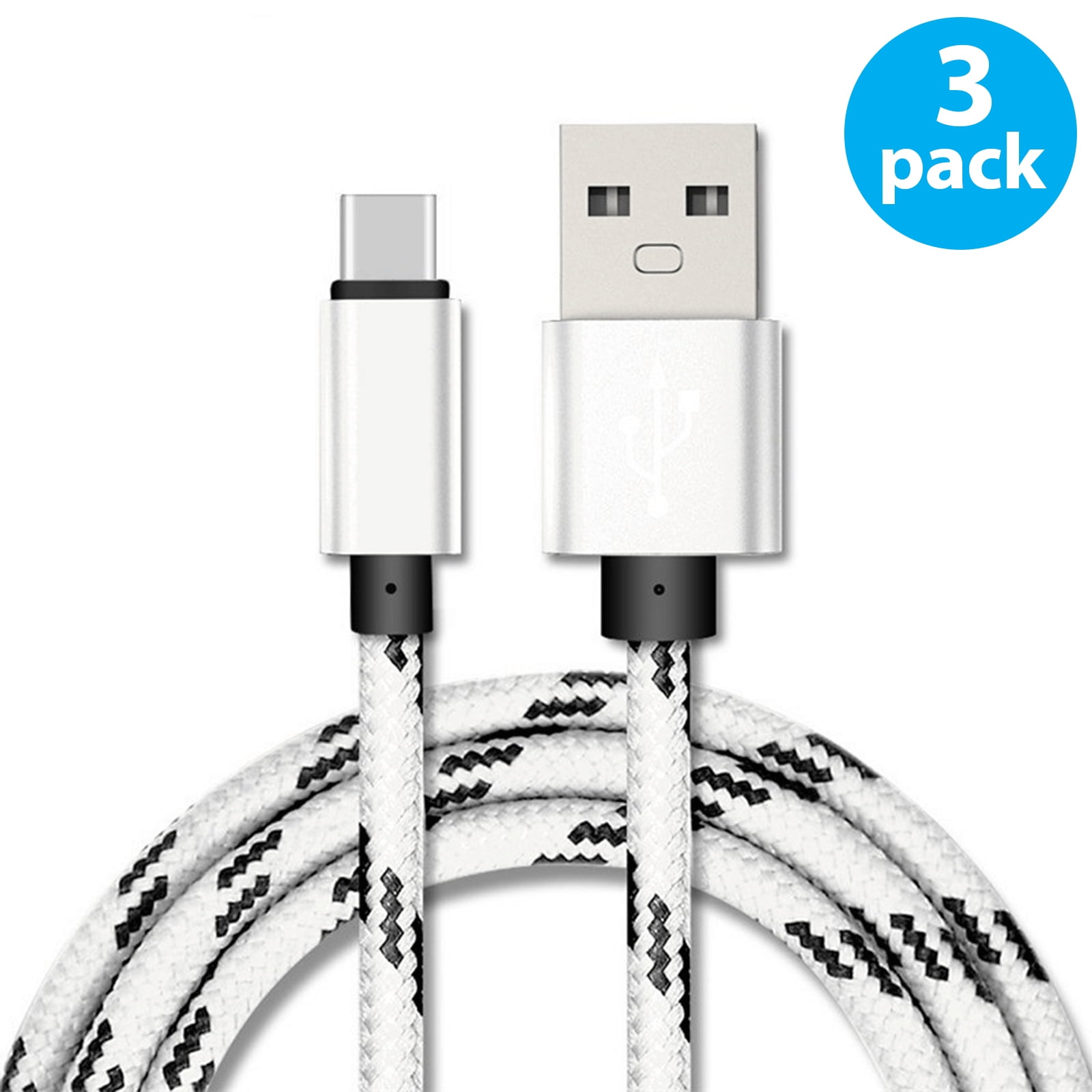 USB Type-C to A Cable 3pack 10ft Braided Fast Charging 3A Quick Charger ...