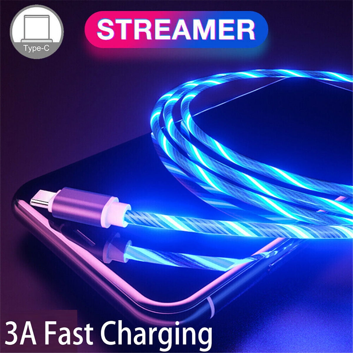 USB Type C Cable 6.6ft, Led Light Up Charging USB A to USB C Flowing ...