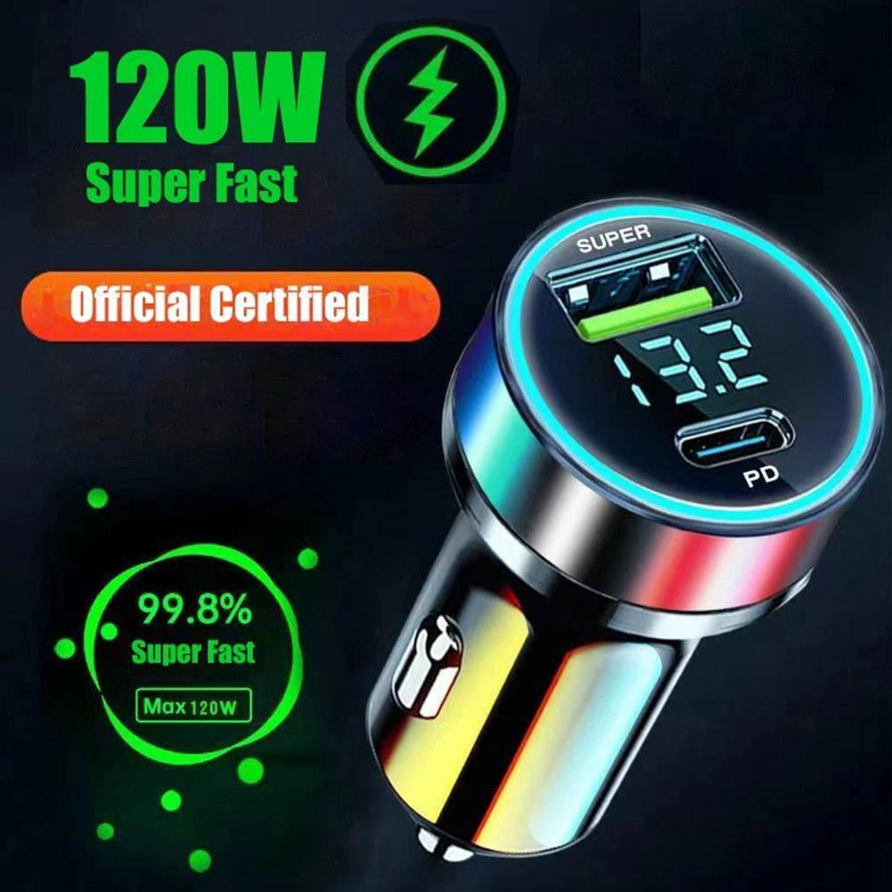 USB Type C Car Charger 120W QC3.0 PD3.0 Mini Metal Dual USB Fast ...