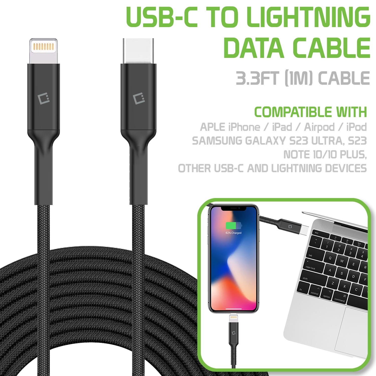 Cellet 3.3ft (1m) Braided USB-C to Apple MFi Lightning Data Cable ...