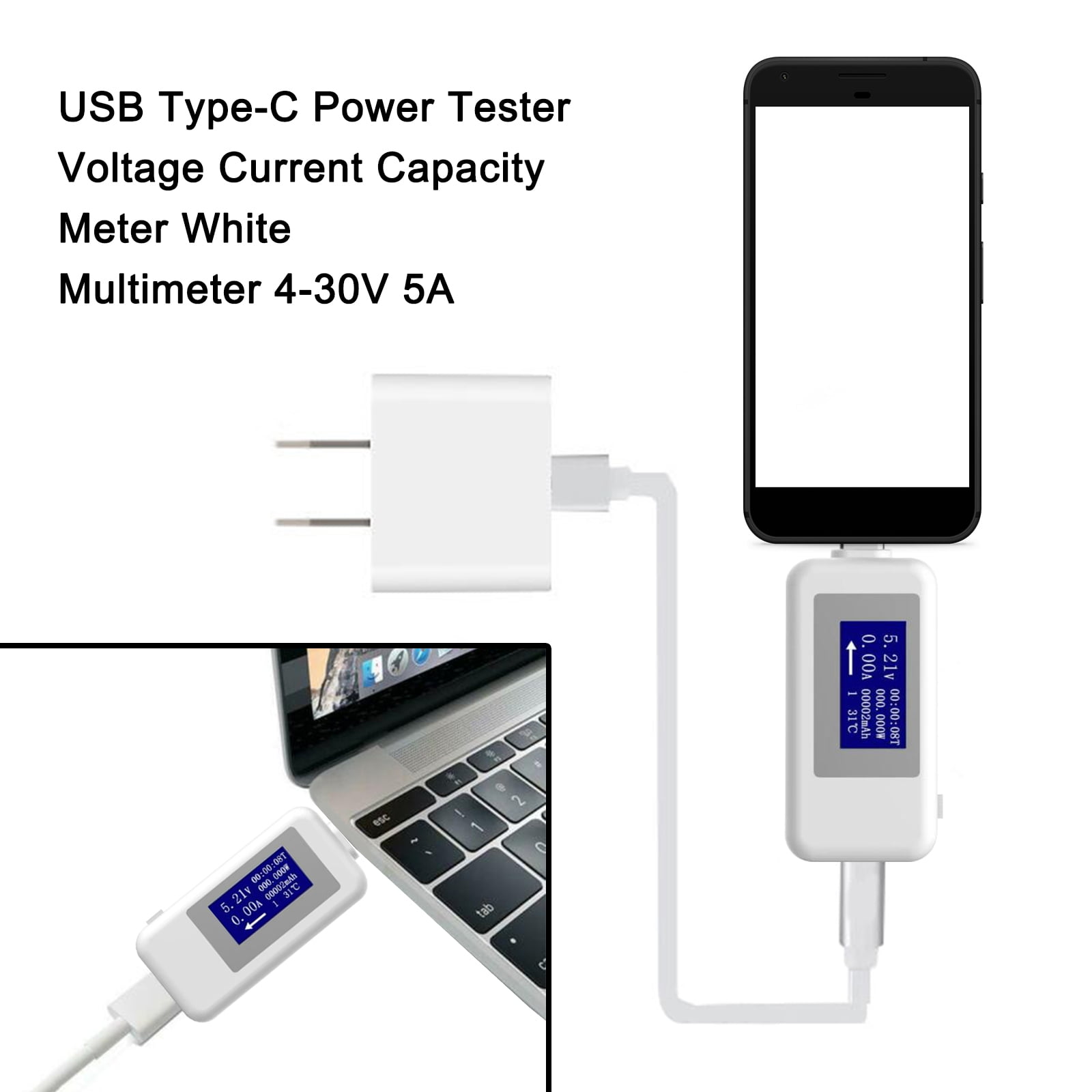 USB Type-C Power Tester Voltage Current Capacity Meter White Multimeter ...