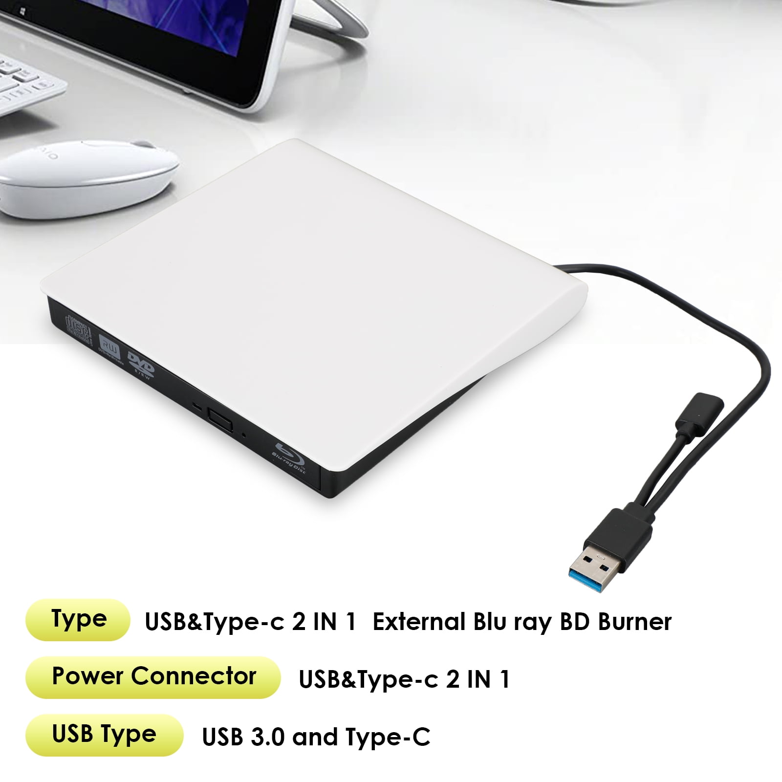 USB&Type-c 2 IN 1 External Disc Writer + Reader BD CD DVD Drive USB 3.0 ...