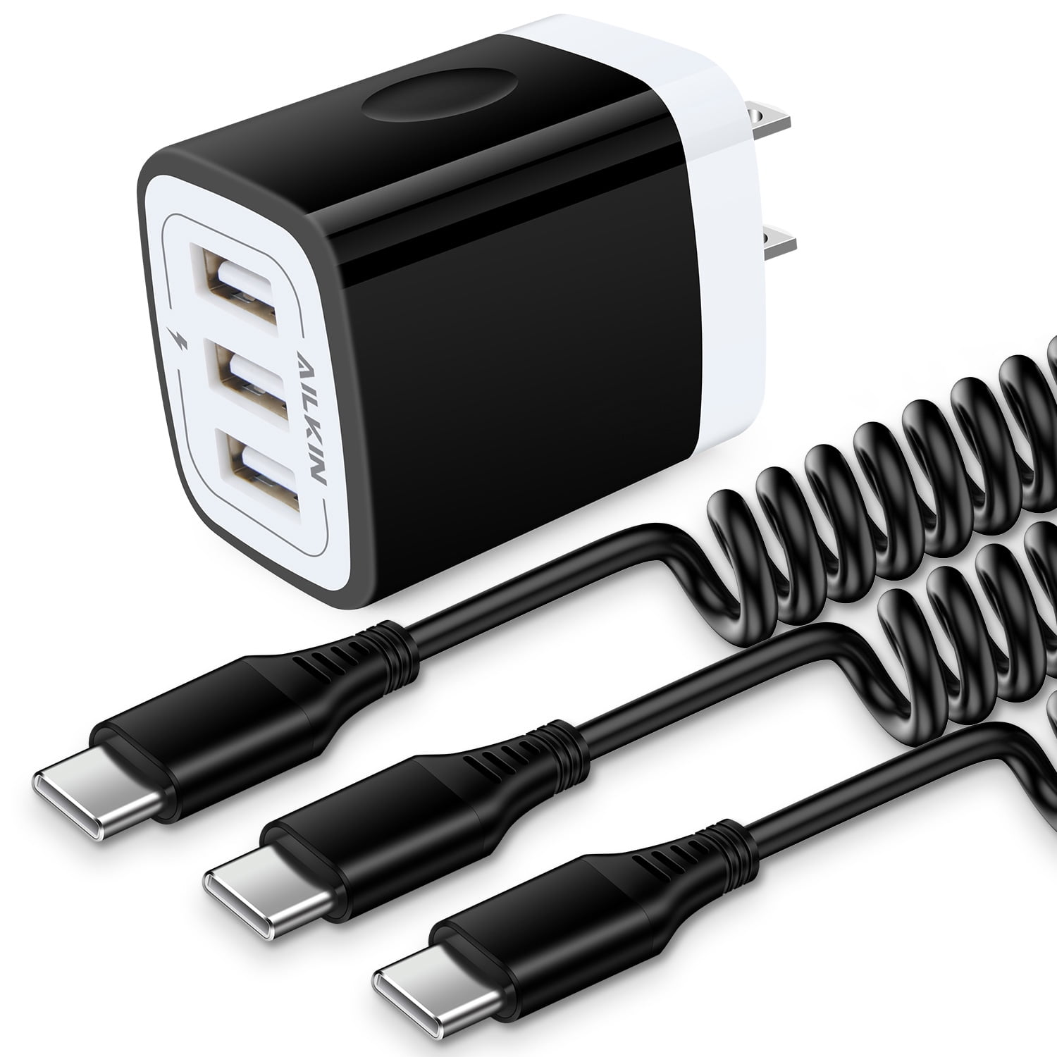 USB Wall Charger Block,USB Charger Adapter with Coiled Type C Cable 6ft ...