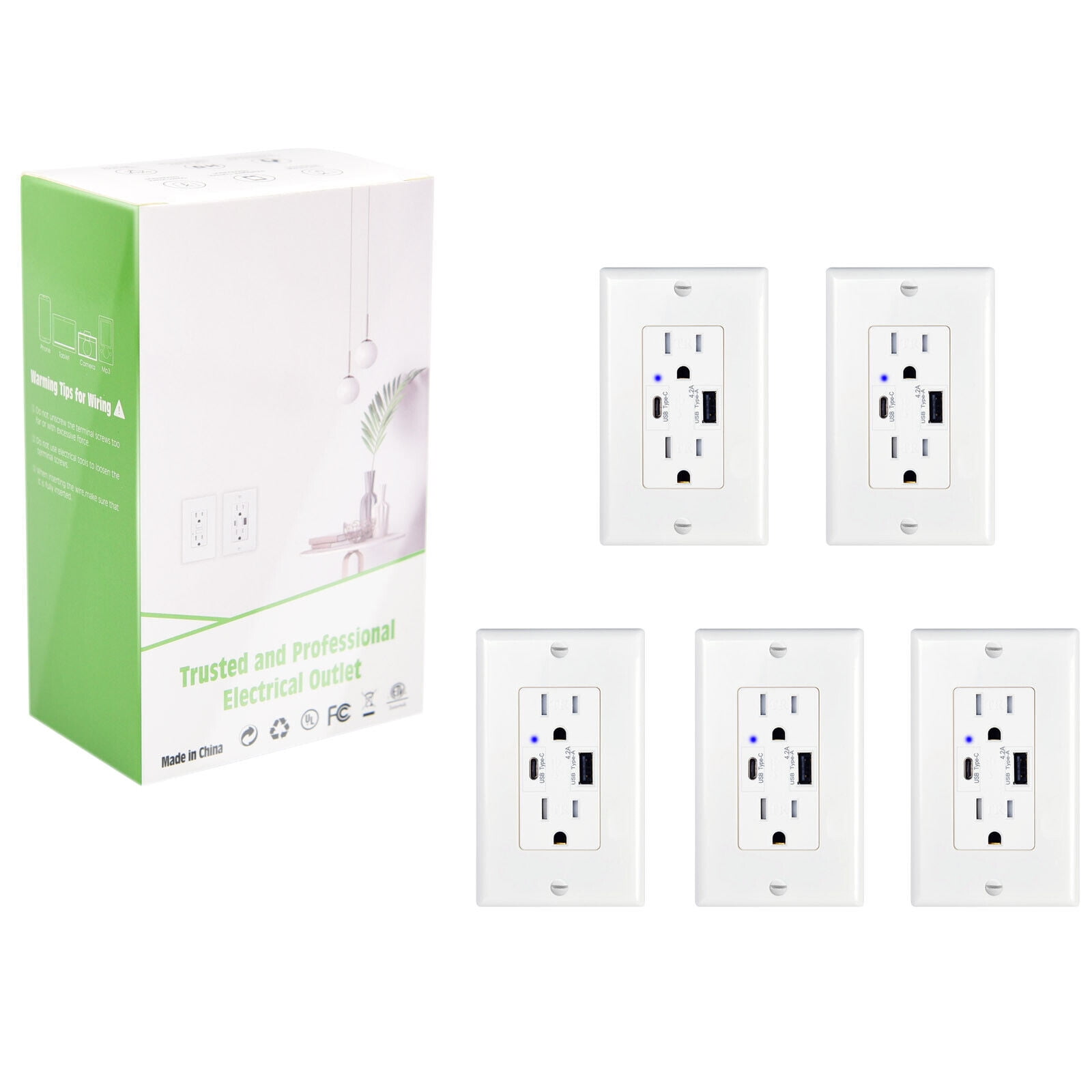 USB Wall Outlet 4.2A Type C and Type A Ports 15 Amp TR Receptacle UL ...