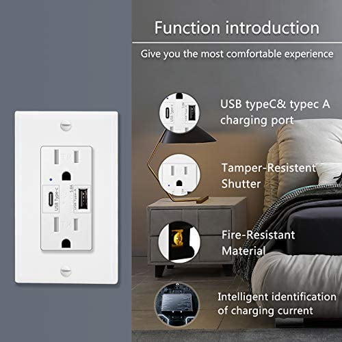 USB Wall Outlet,NineLeaf 15Amp USB Type-C Electrical Outlet Receptacles ...