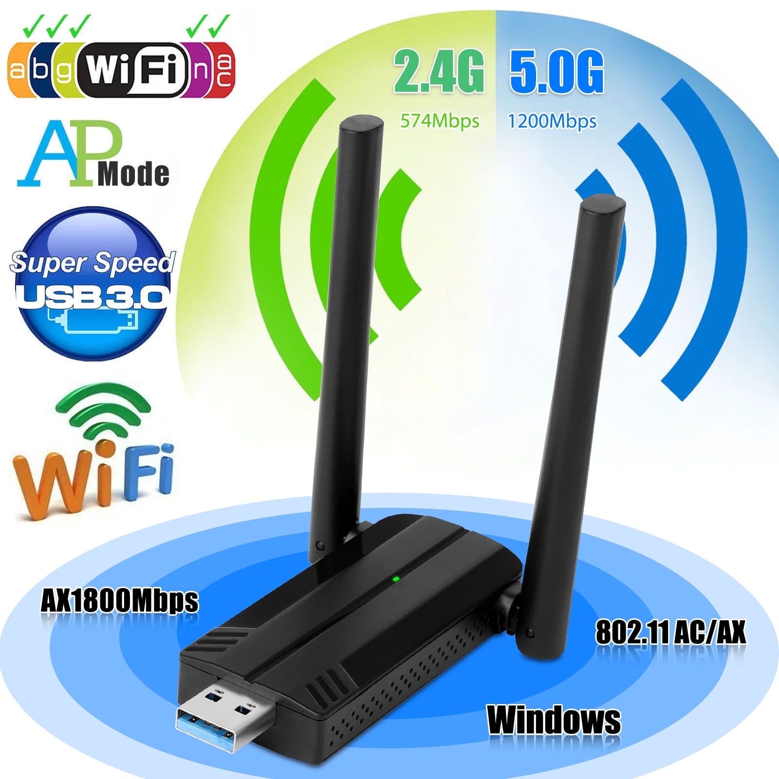 TSV USB WiFi 6 Adapter, 1800Mbps Dual Band 2.4/5GHz, USB 3.0, 2 x 5dBi Antennas, Windows 11/10/7 ...