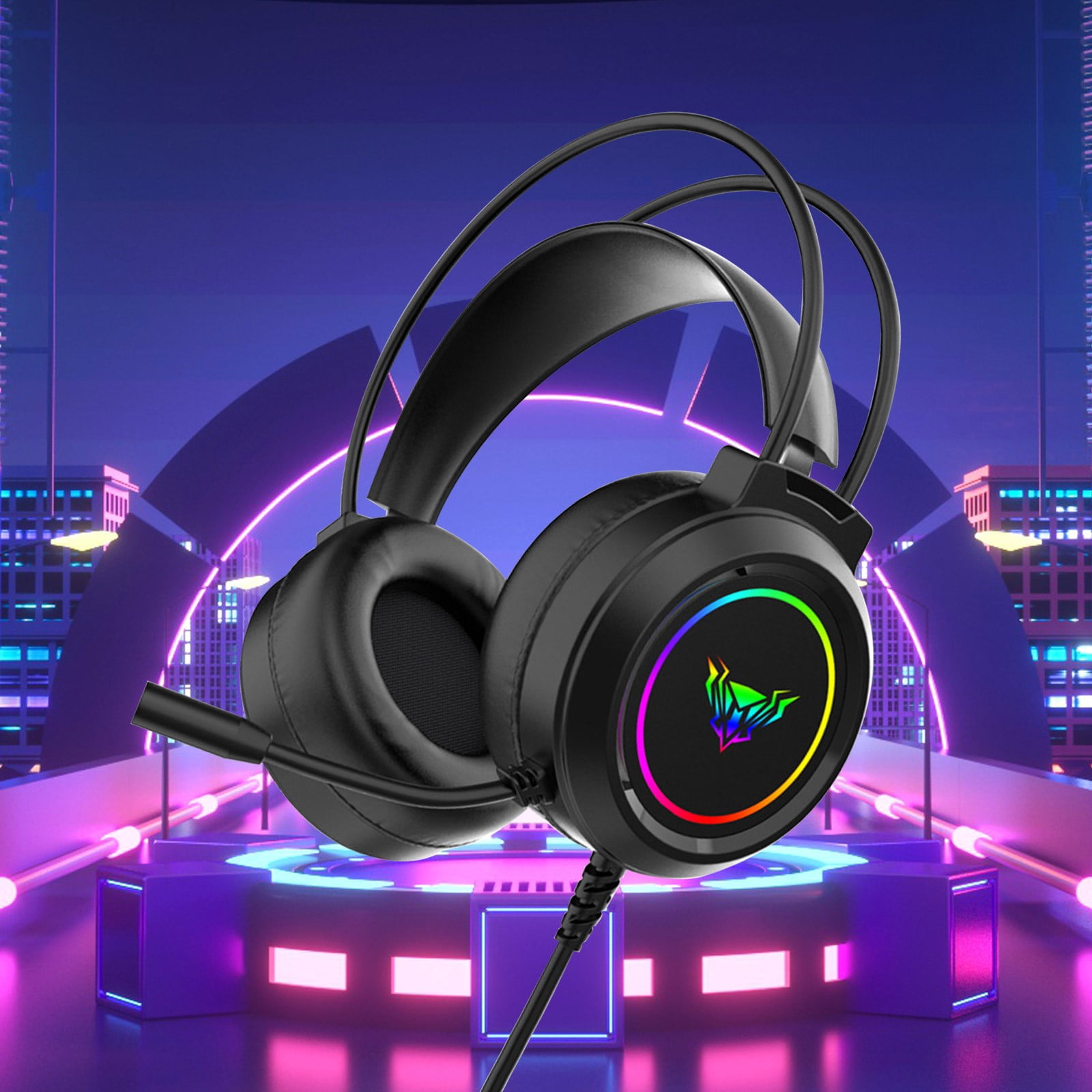 USB Wired Headphones with Cool Lighting, 50mm Large Speaker, 7.1 Stereo ...