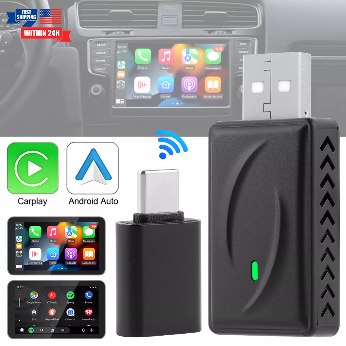 USB Wireless Car Play Adapter For iPhone Apple Android Carplay Dongle ...