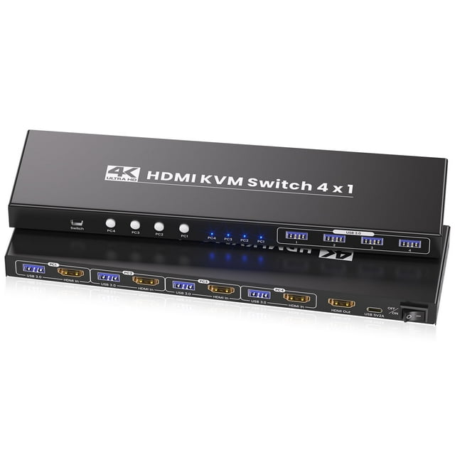 USB3.0 4K@60Hz HDMI KVM Switch 1 Monitor 4 Computers for 4 PC to Share ...