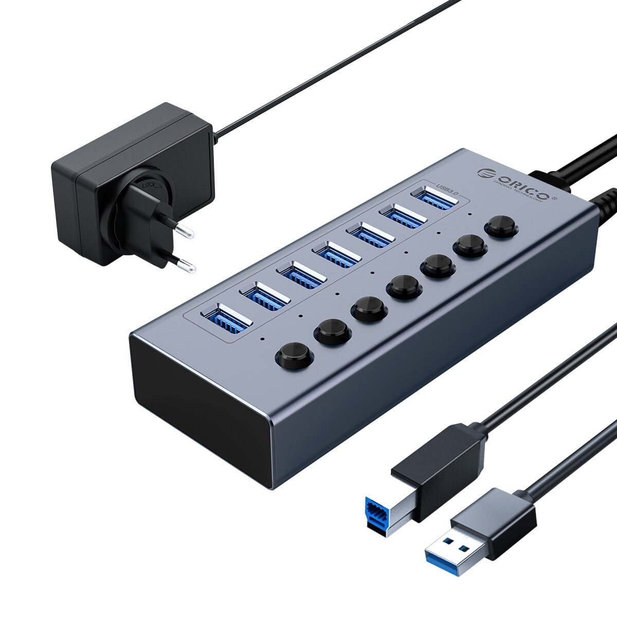 USB3.0 Hub Aluminum Industrial 7-Port Splitter Split Switch with 12v ...