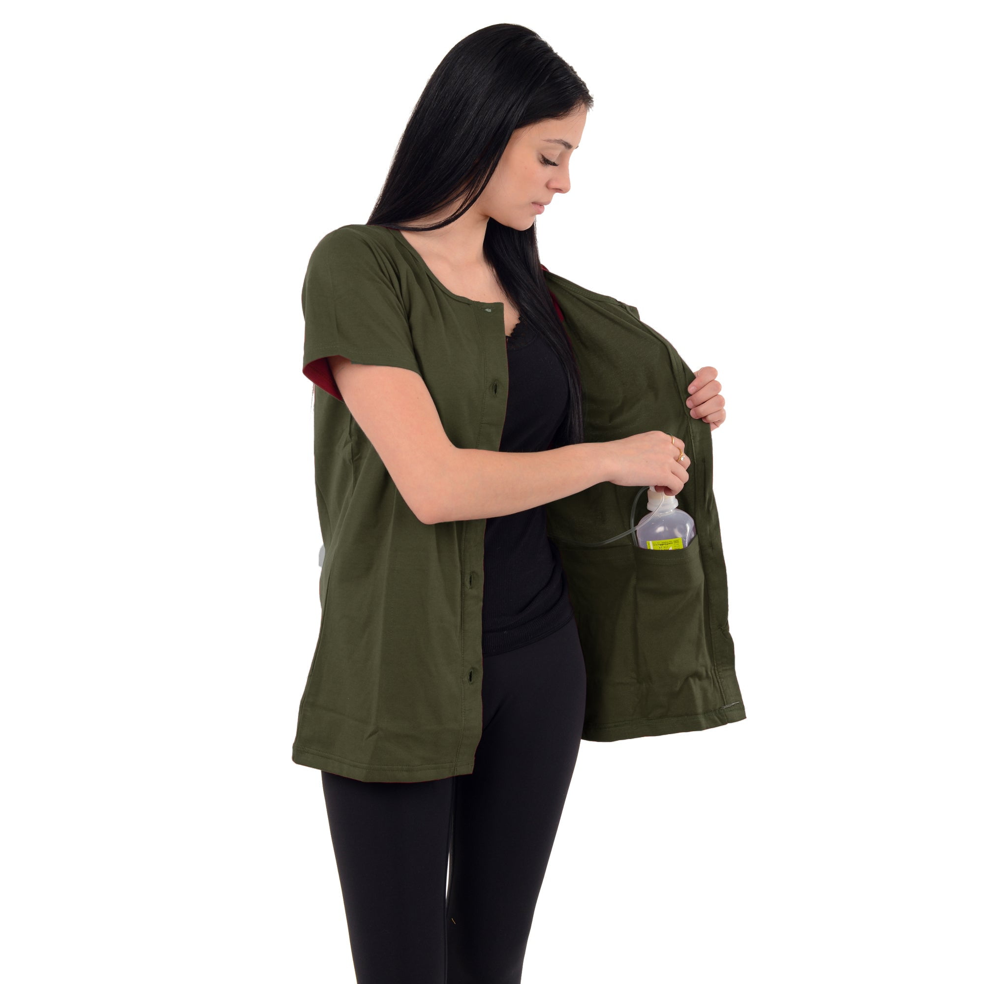 USBD Crew Neck Post Mastectomy Shirt with Drain Pockets Color: Olive ...