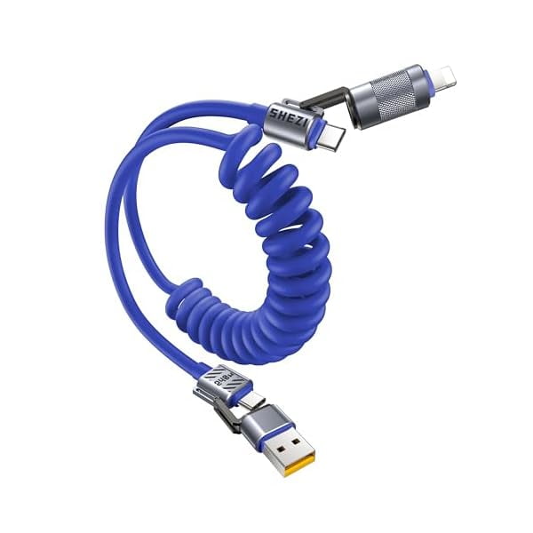 USBSO 4-in-1 Coiled USB C Cable for Car [240W Fast Charging] USB C to Light-ning Cable [CarPlay ...