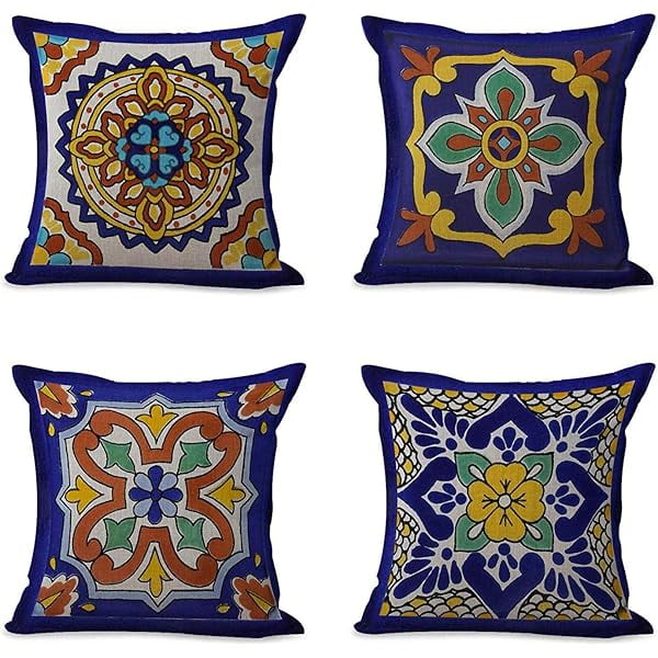 USBSO Set of 4 Linen Throw Pillow Covers Spanish Talavera Exotic Geometry Dark Retro Ethnic Home ...