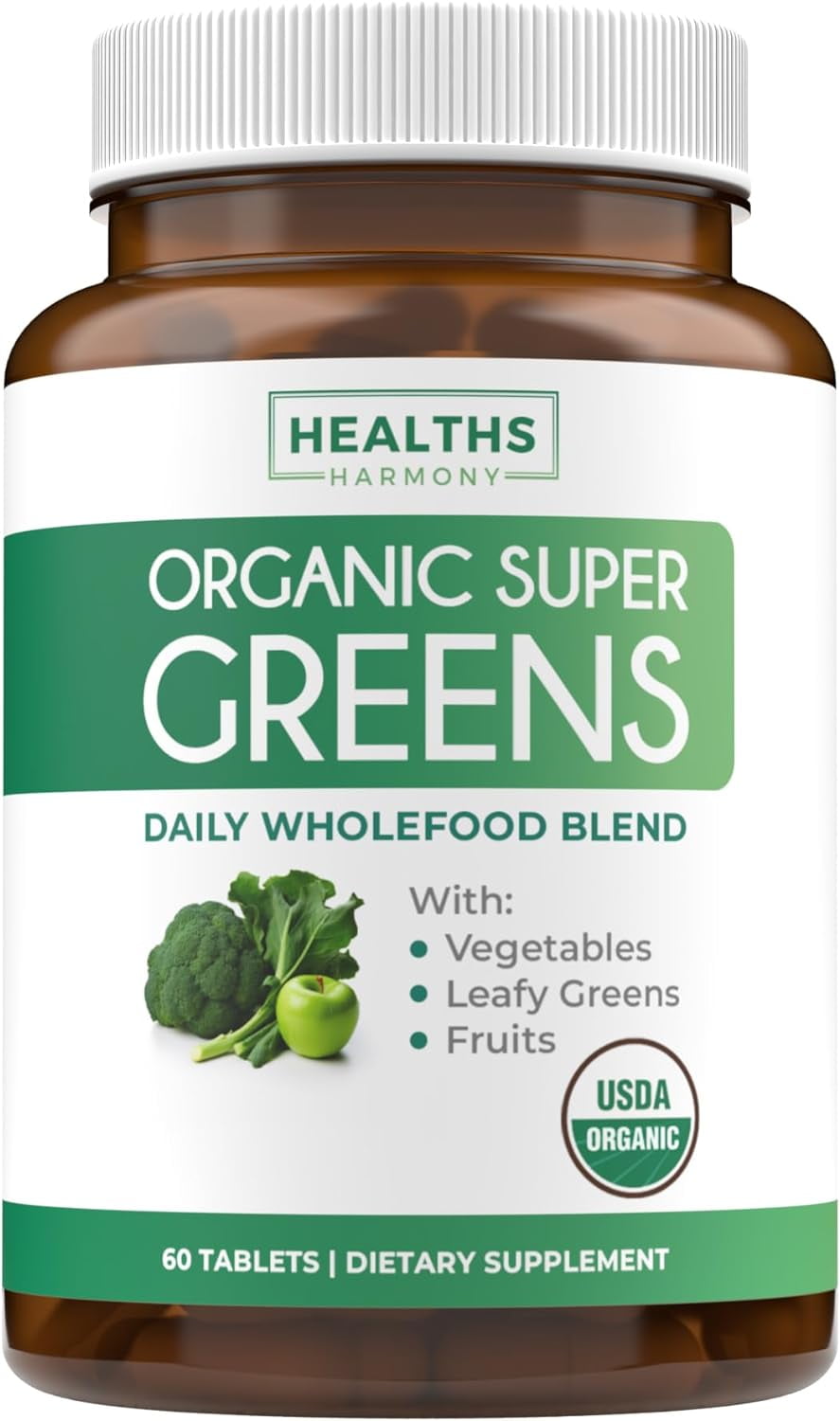 USDA Organic Greens Powder (60 Tablets) Convenient Pills - Complete ...