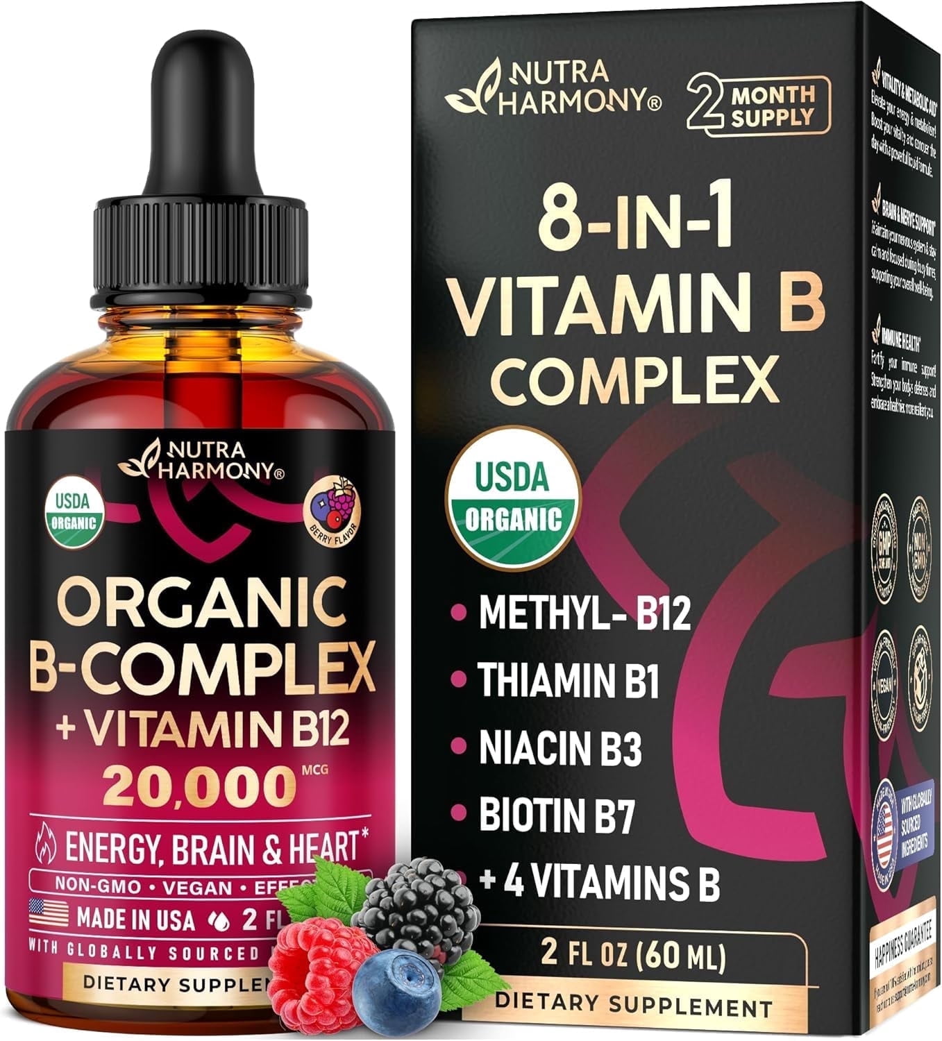 NUTRAHARMONY USDA Organic Vitamin B Complex Liquid Drops for Energy ...