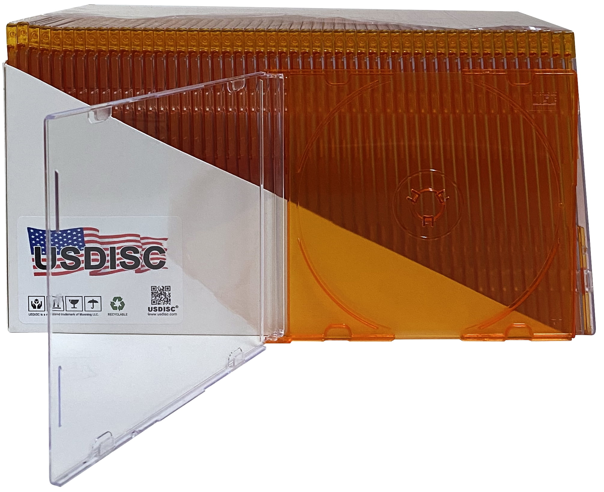 USDISC CD Jewel Cases Slimline 5.2mm, Single 1 Disc, Clear Orange, Pack ...