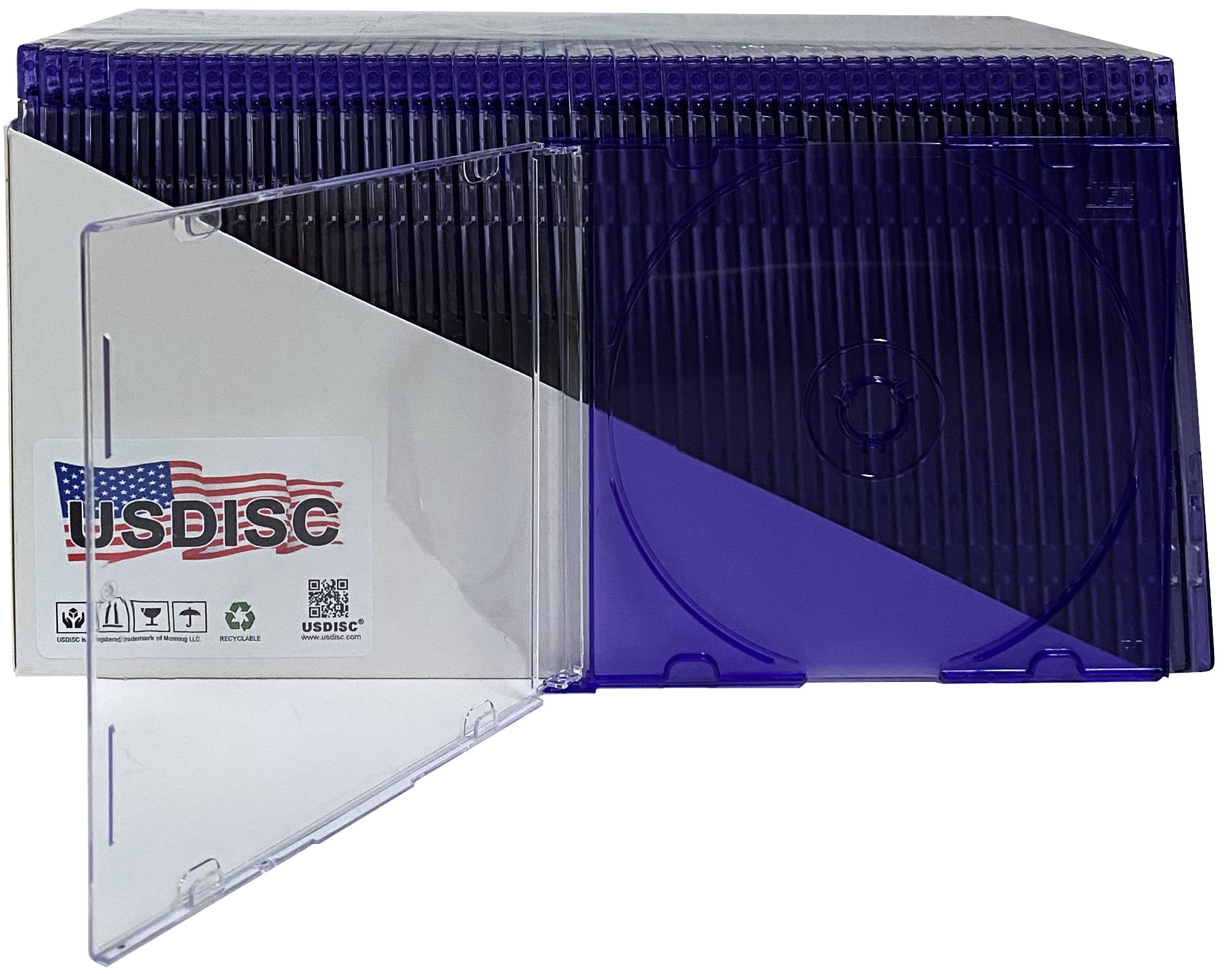 USDISC CD Jewel Cases Slimline 5.2mm, Single 1 Disc, Clear Purple, Pack ...