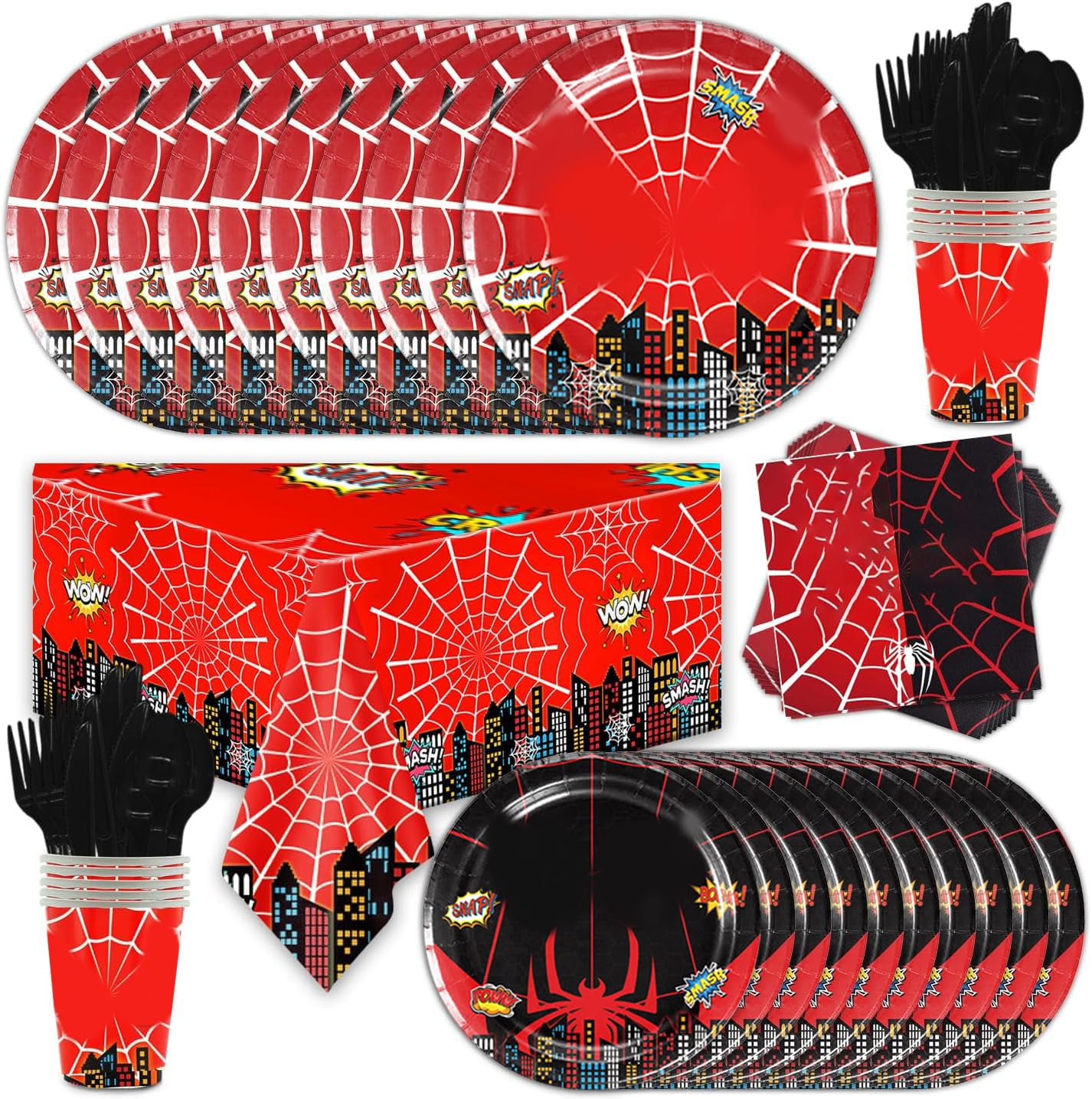 USERTEN 81pcs Red Spider Web Superhero Supplies 10-Person Party ...