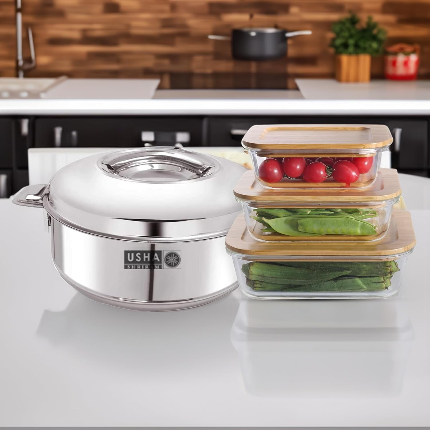 USHA SHRIRAM Borosilicate Food Container 3Pcs 370ml 640ml 1050ml Insulated Steel Casserole 2L ...