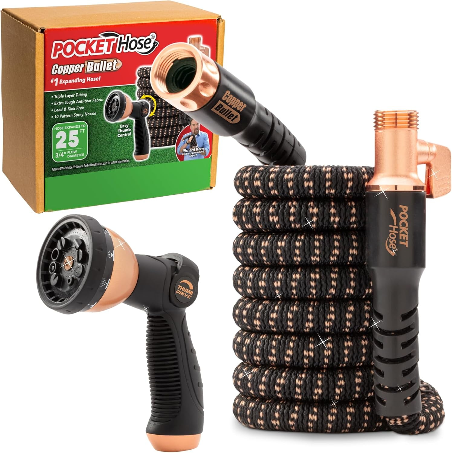 USHARE-US Copper Bullet Expandable Garden Hose 25 FT w/10 Pattern Thumb ...