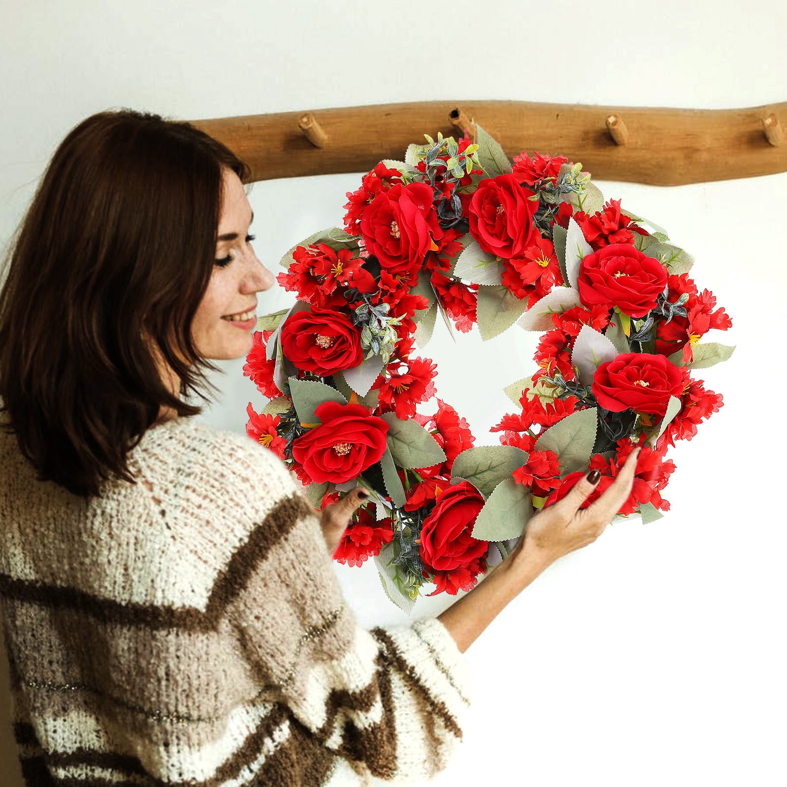 USHOBE Red Plastic Polyester Artificial Flower Wreath 40x40in for Front ...