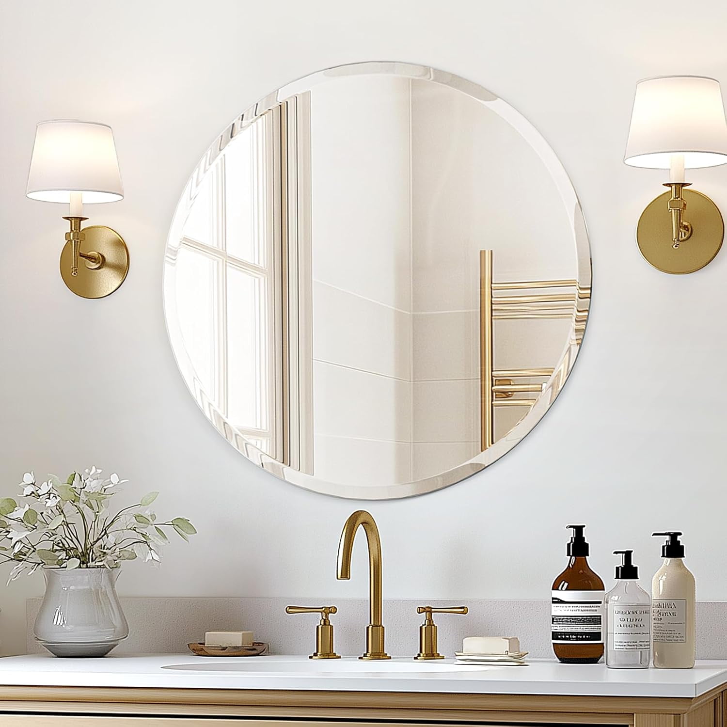 USHOWER Frameless Round Bathroom Mirror 24", Circle Vanity Mirror for ...