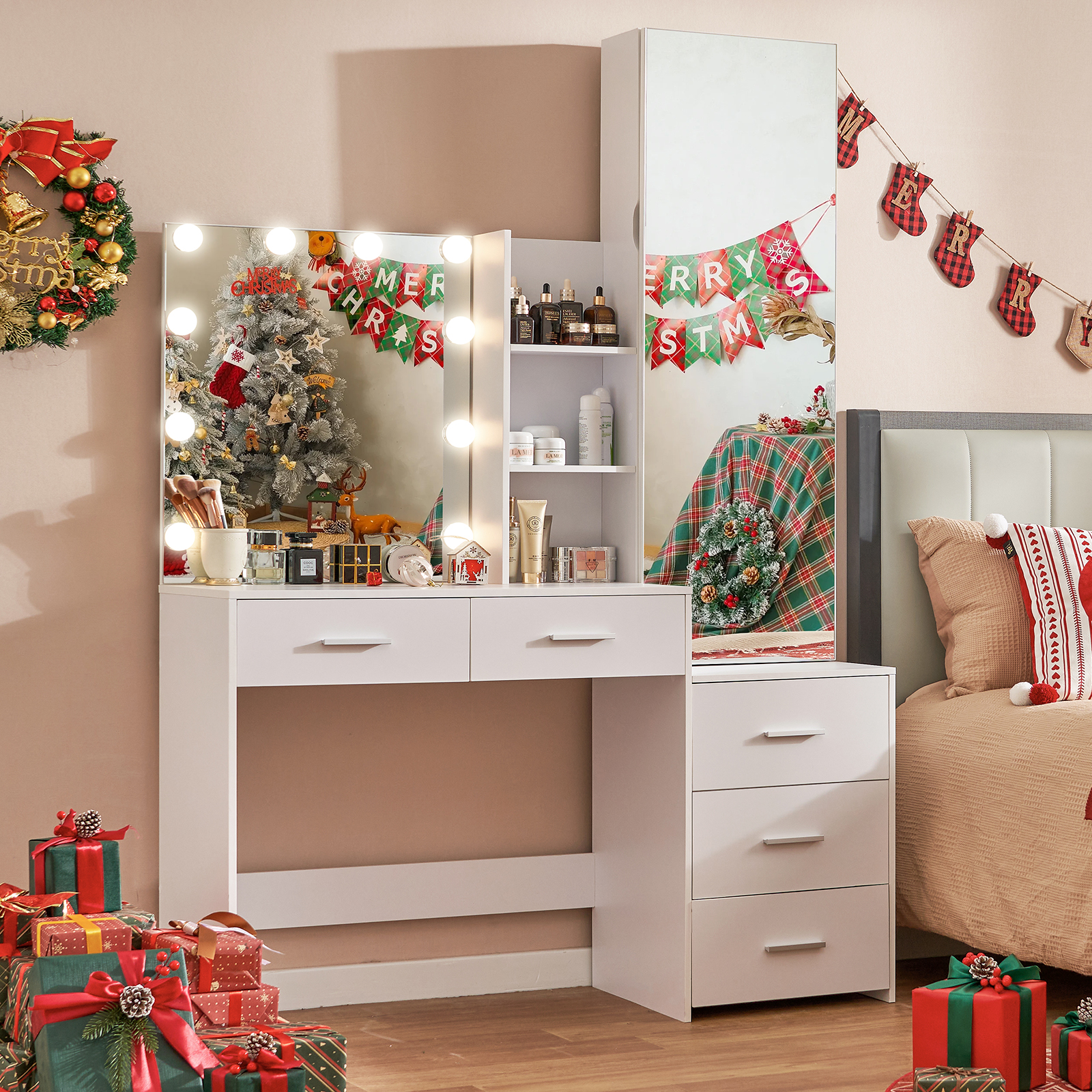 ZAFLY Vanity Set with LED Light Mirror, Makeup Vanities with Drawers ...