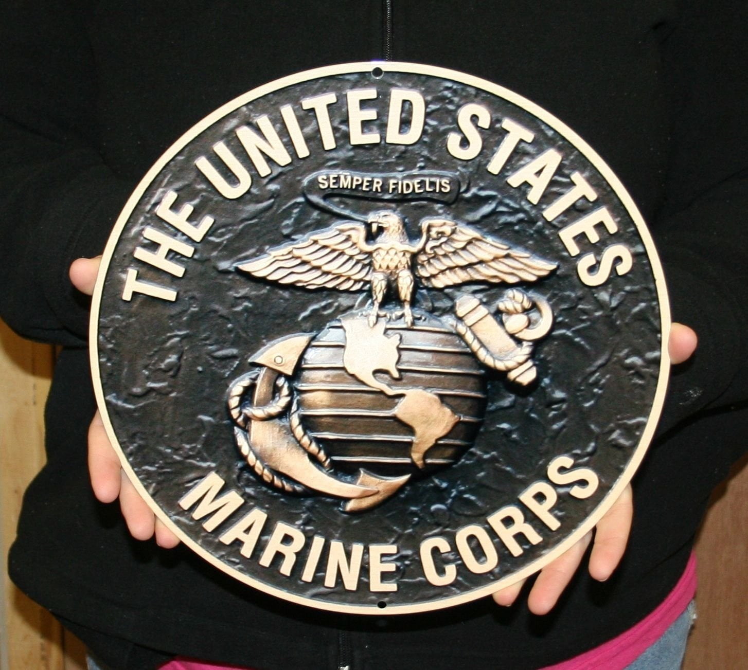 USMC Logo Round Metal Wall Hanging Sign Black w/ Bronze 12" Semper Fi ...