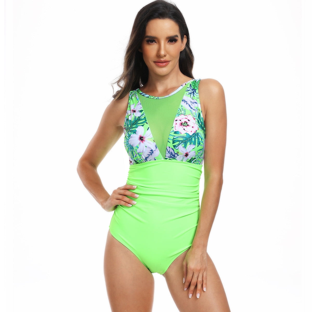 Usnsm Floral Print Patchwork Swimsuit For Women One Piece Mesh Cutout