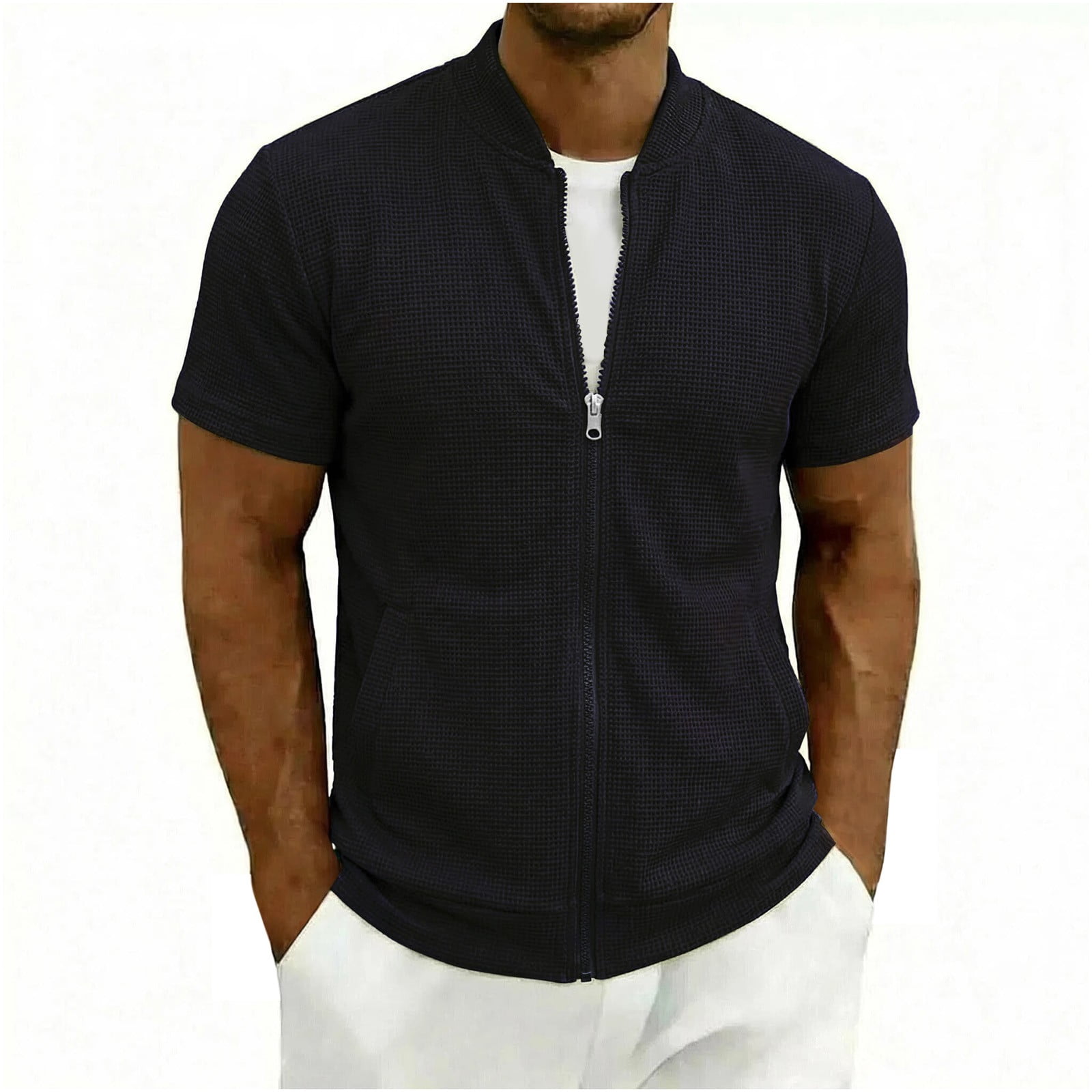USNSM Full Zip T Shirts for Men Short Sleeve Stand-Up Collar Summer ...