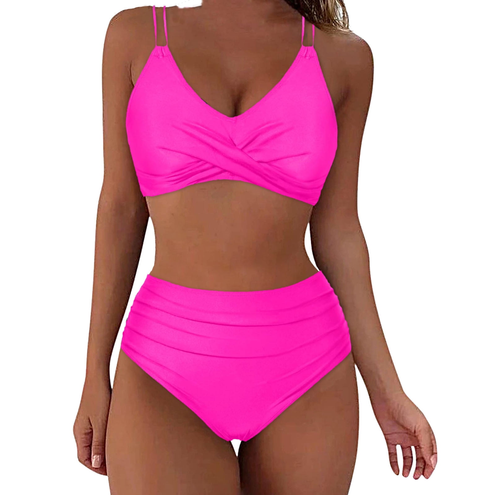 Usnsm Women Bikini Set Solid Color Ruched Lace Up Swimsuit Criss Cross